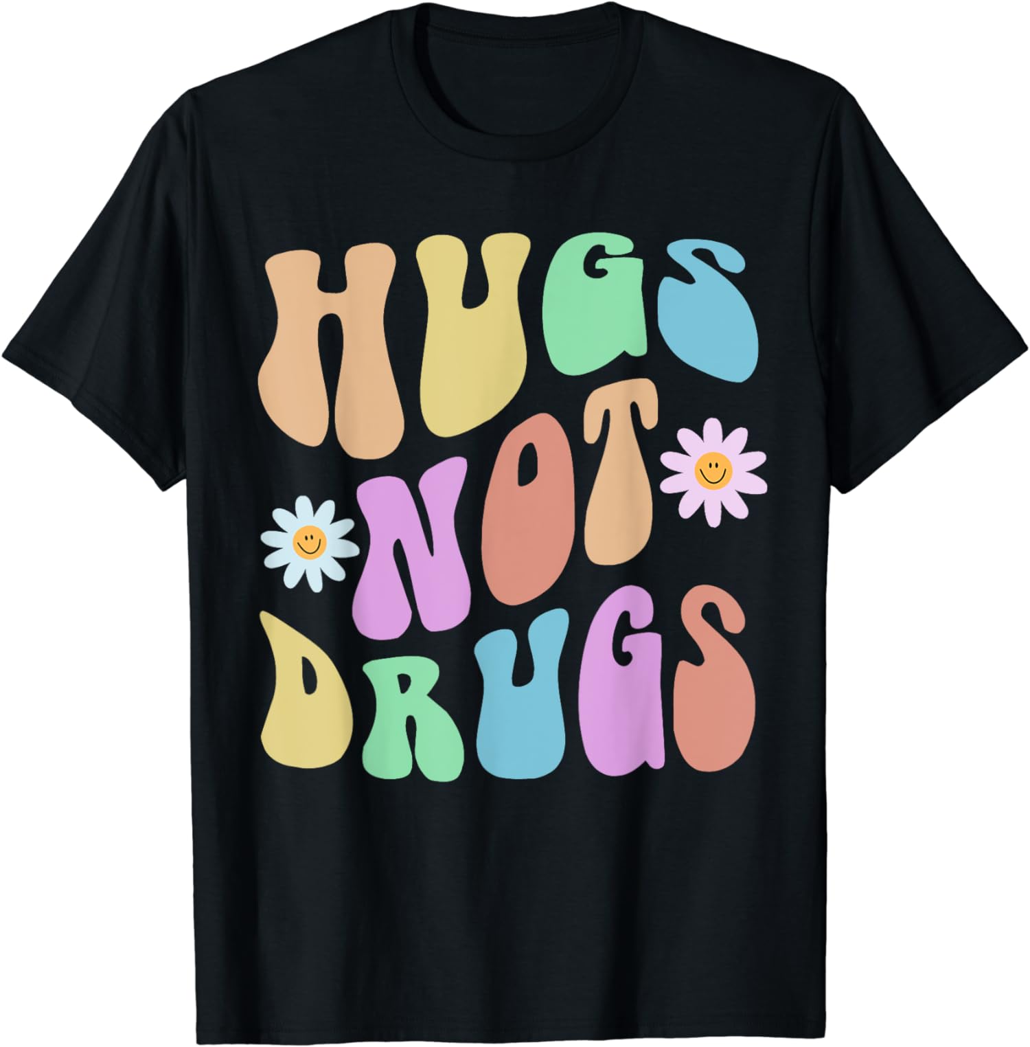 Funny Groovy HUGS NOT DRUGS Retro Sober Red Ribbon NA T-Shirt - Walmart.com