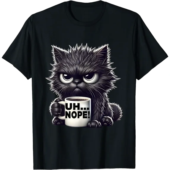 Funny Grumpy Cartoon Cat Coffee T-Shirt for "Uh Nope" Moods & Sarcasm ...