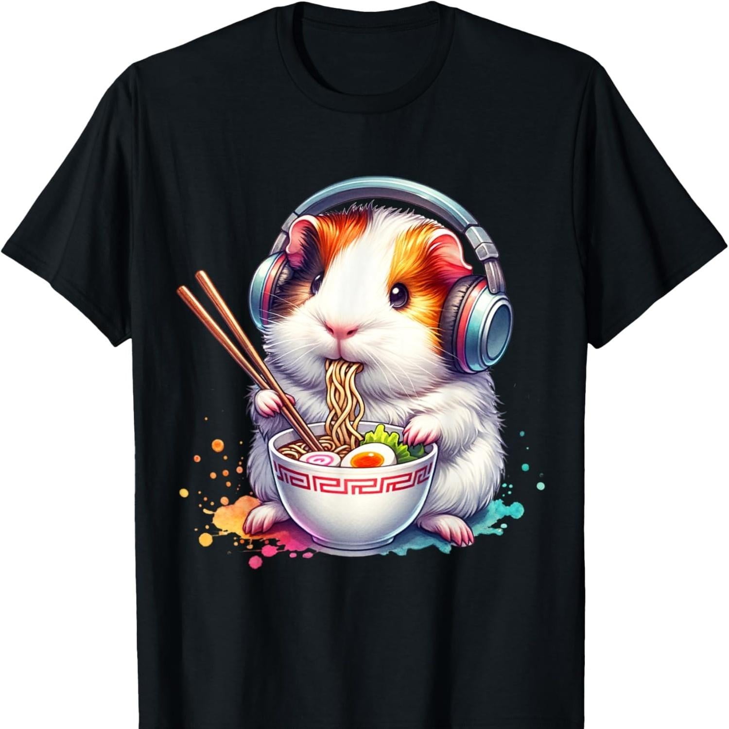 Funny Guinea Pig Listening To Music And Eating Ramen. Ramen T-Shirt ...