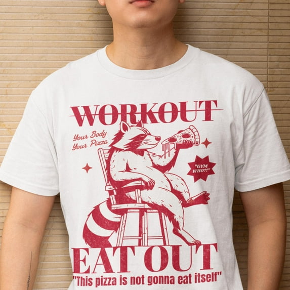 Funny Gym and Food Tee - Raccoon Pizza T-Shirt, Workout Training Shirt ...