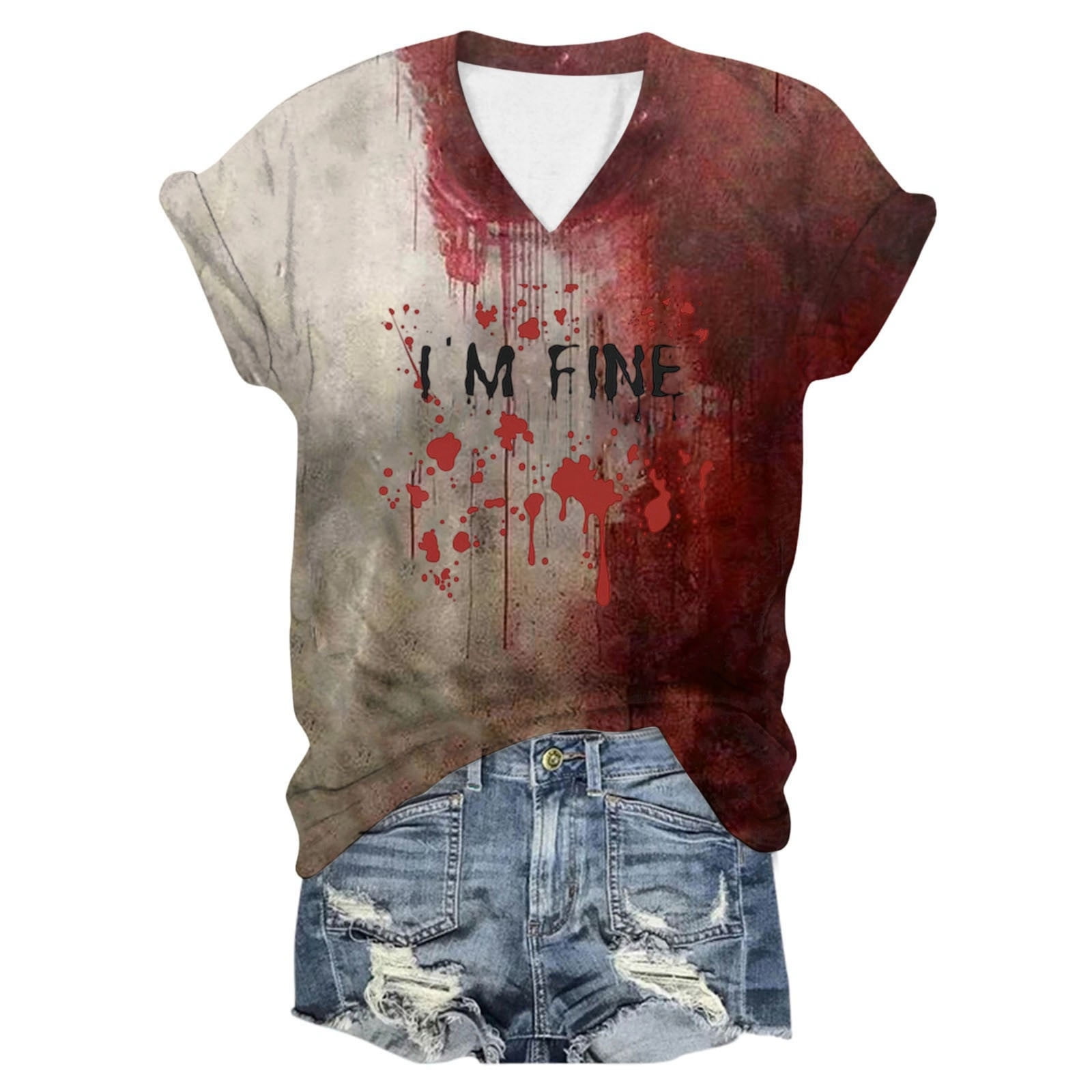 Funny Halloween Shirts Women Short Sleeve Letter Graphic Tees for Women V Neck T-Shirts Problem ...