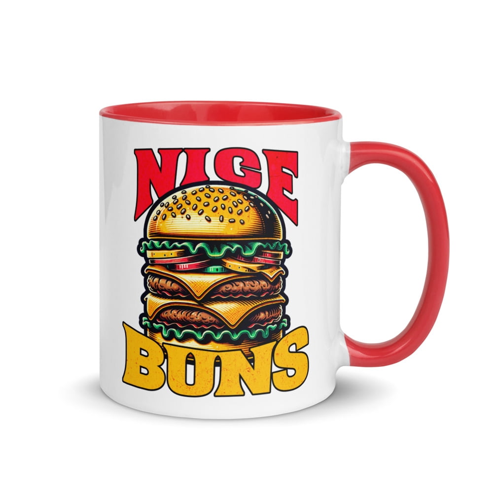 Funny Hamburger Cheeseburger Pun Mug with Color Inside, Nice Buns (Red ...
