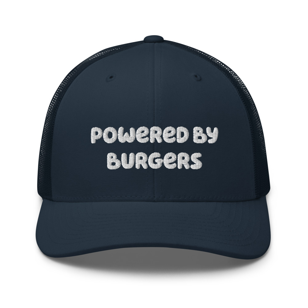 Funny Hamburger Lover Trucker Cap, Powered By Burgers- Embroidery (Navy ...