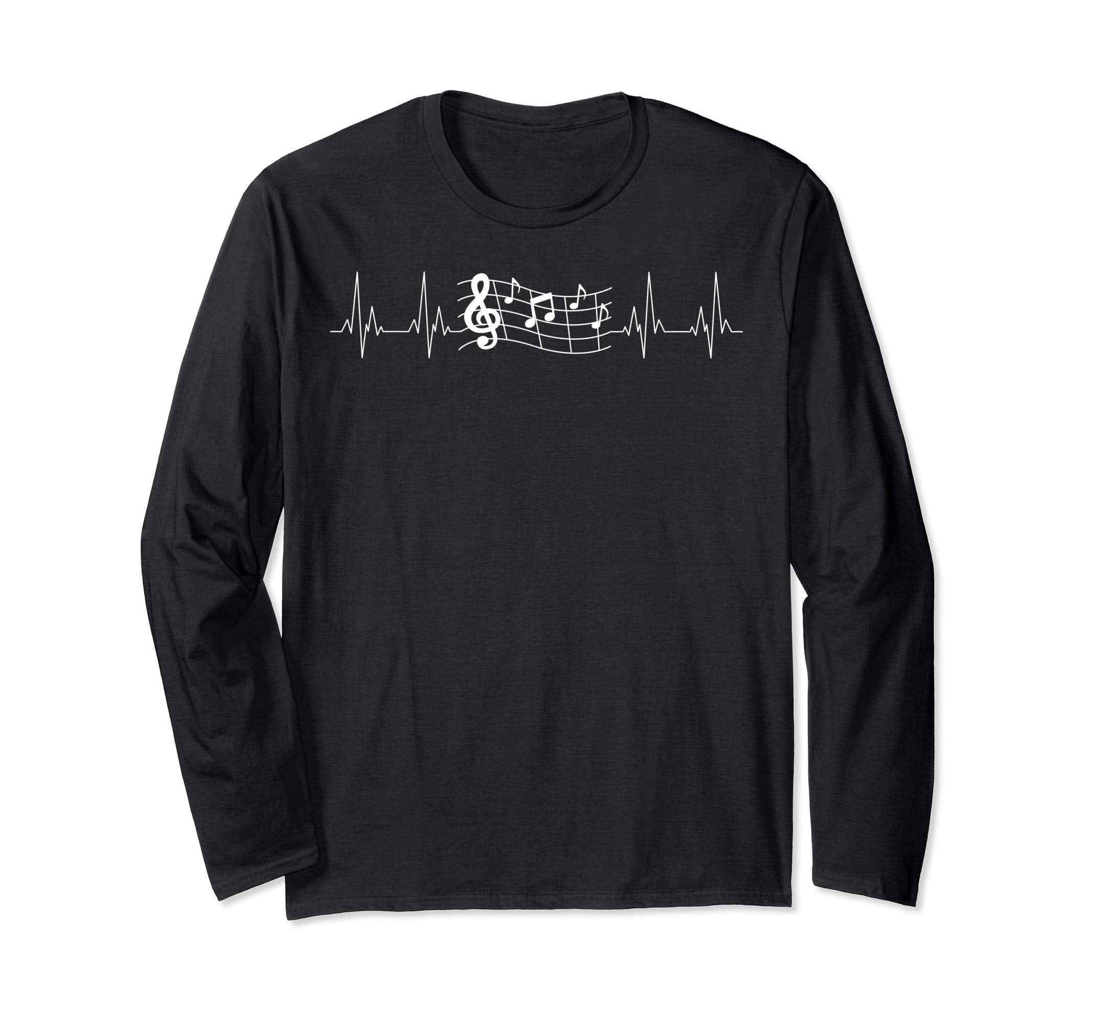 Funny Heartbeat Music Notes Long Sleeve T-Shirt for Cool Musicians Gift ...