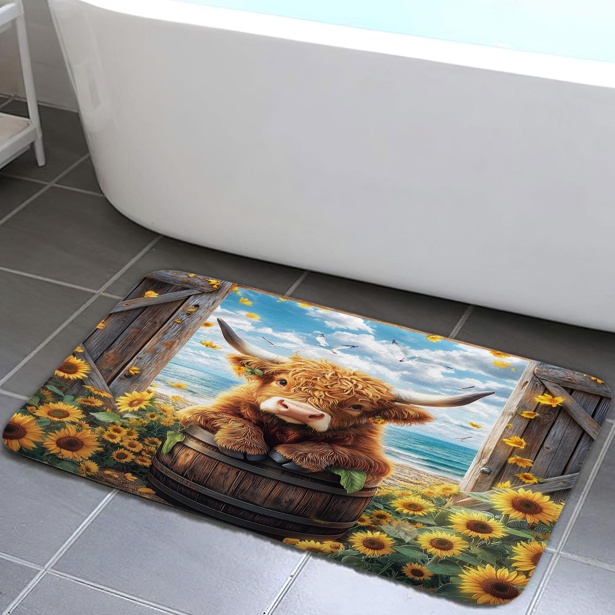 Funny Highland Cow Bath Mat, Farmhouse Western Summer Beach Sunflower ...