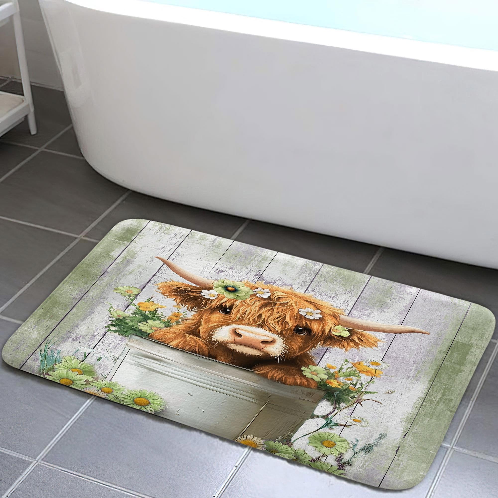 Funny Highland Cow Bath Rugs Mat, Cute Farmhouse Green Floral Western ...