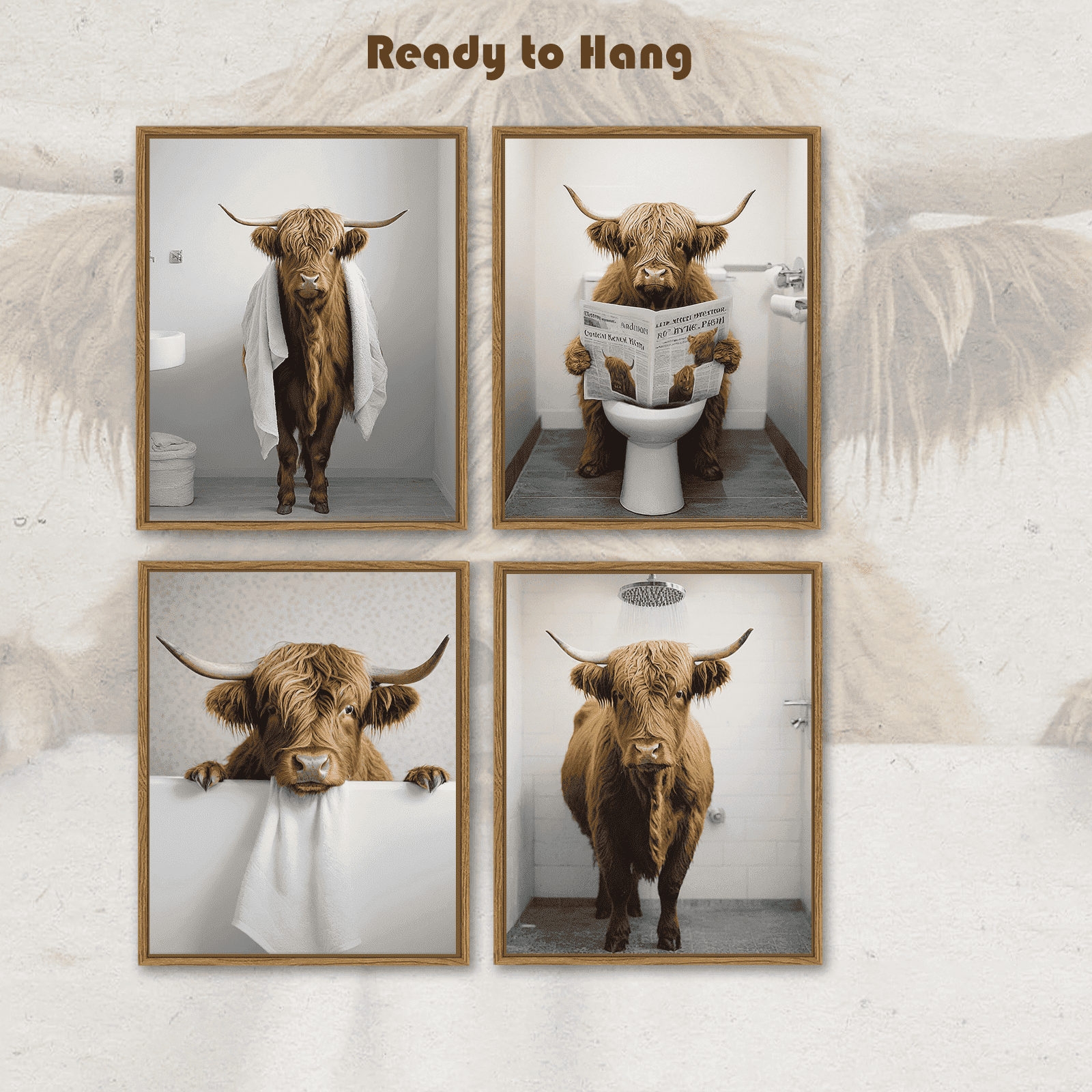Funny Highland Cow Bathroom Wall Art Framed Rustic Cute Bathroom Canvas ...