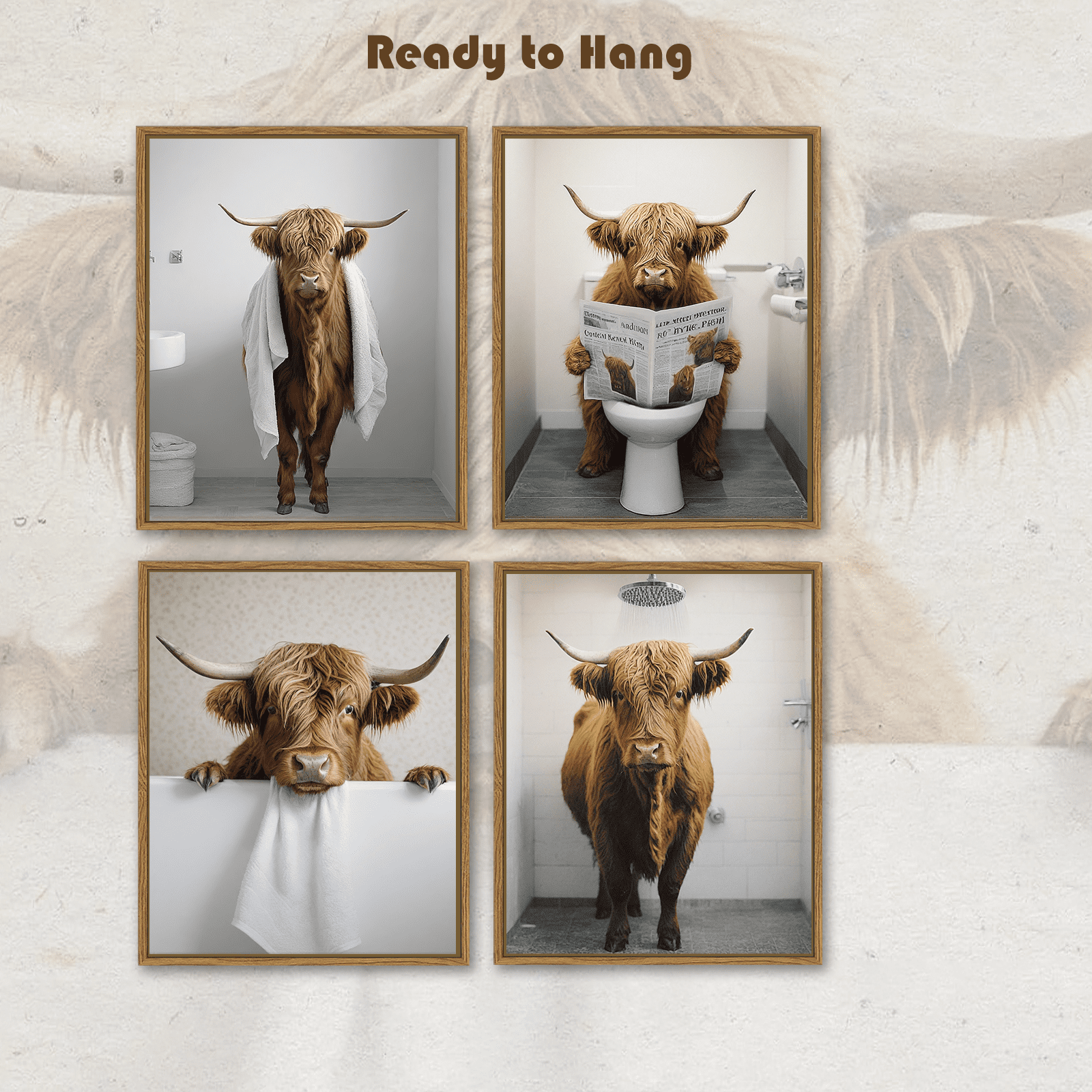 Funny Highland Cow Bathroom Wall Art Framed Rustic Cute Bathroom Canvas ...