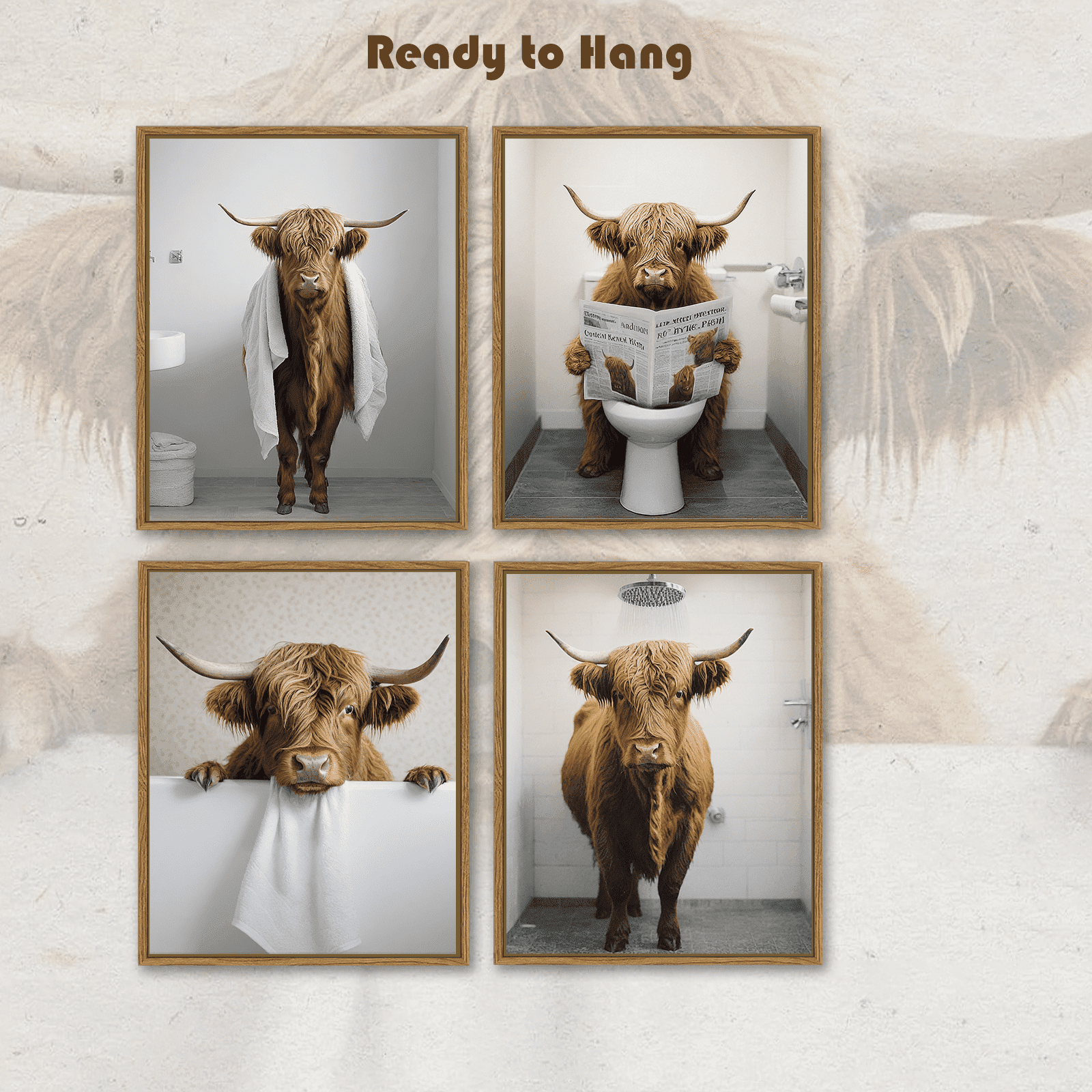 Funny Highland Cow Bathroom Wall Art Framed Rustic Cute Bathroom Canvas ...