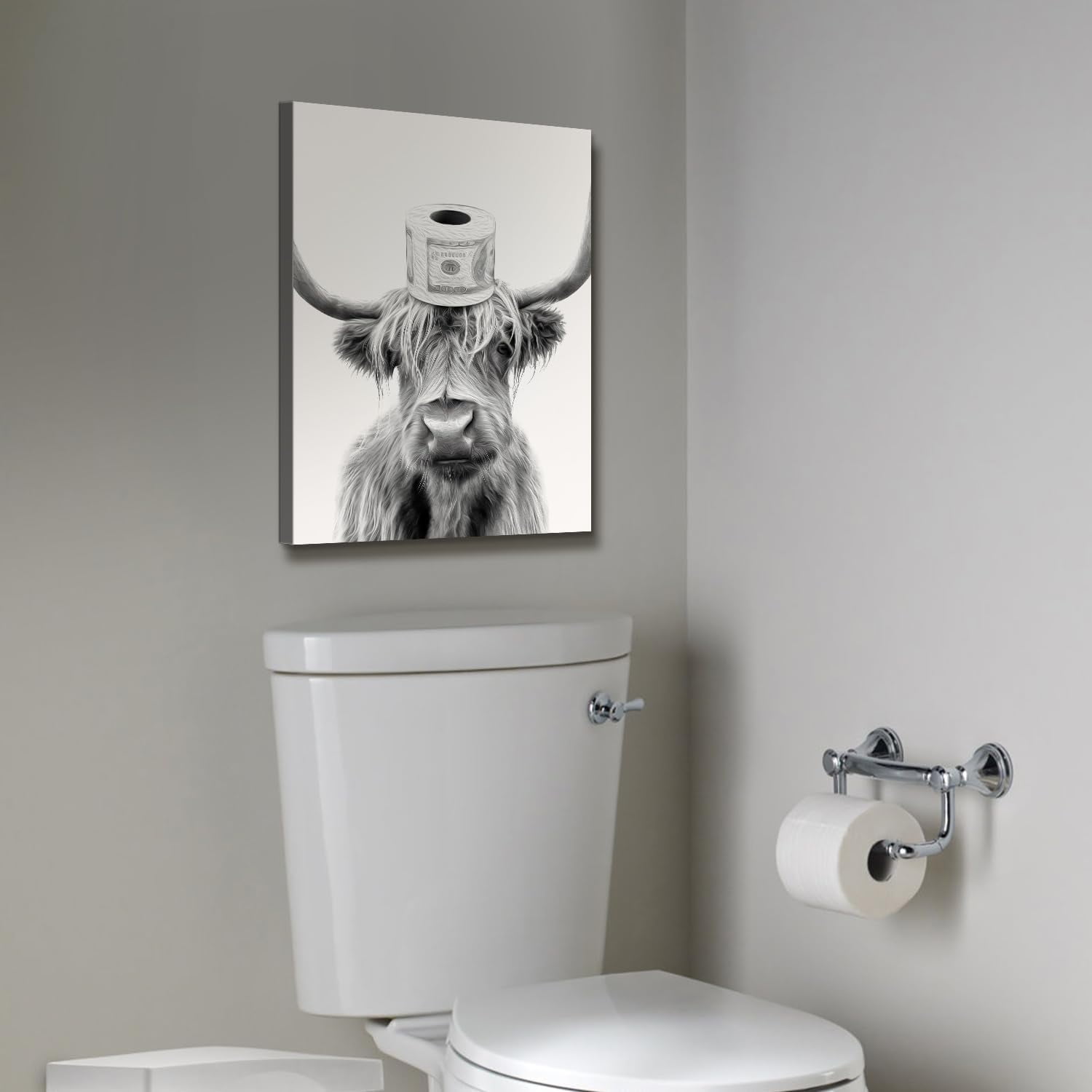 Funny Highland Cow Bathroom Wall Art Toilet Paper On Head Cute Animal ...