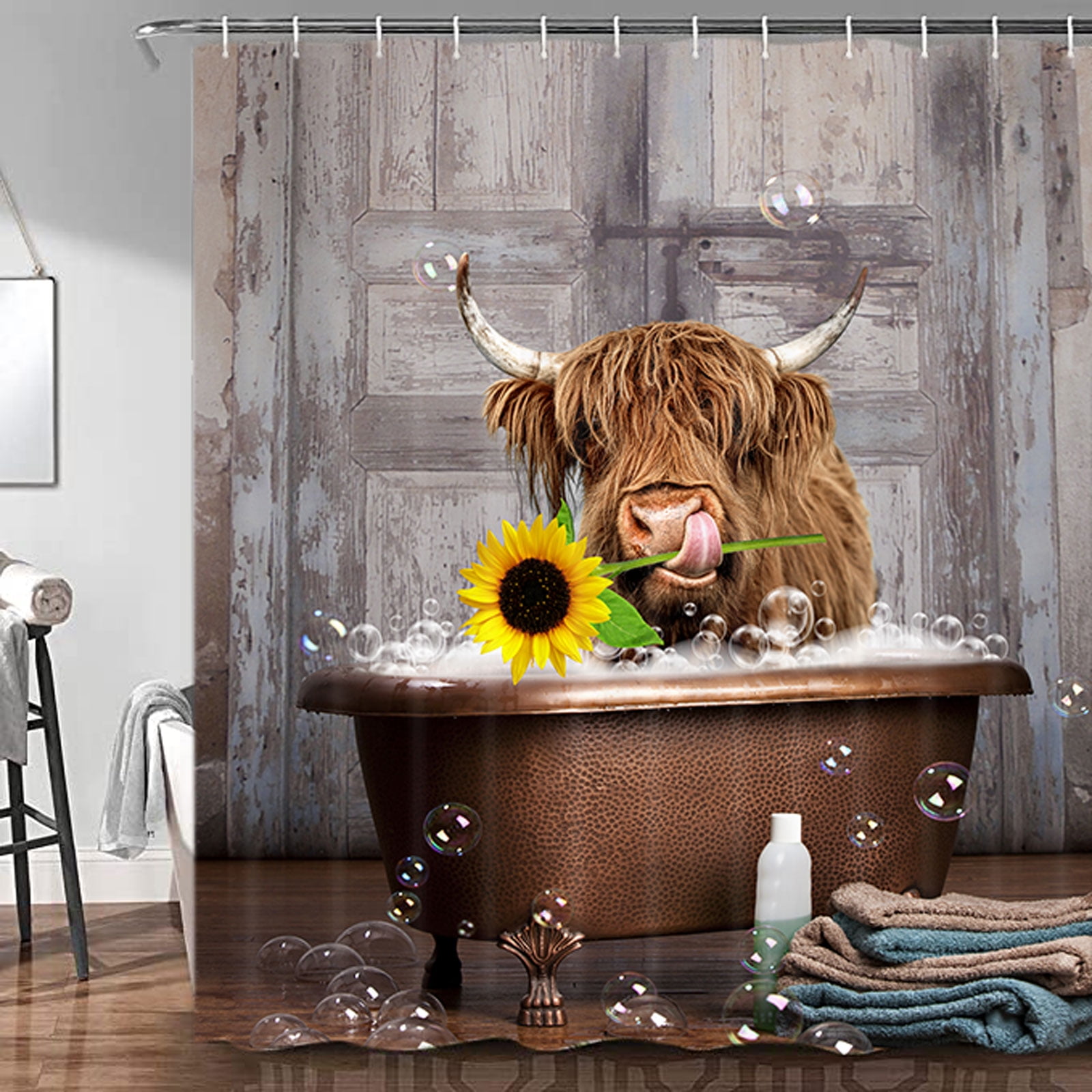 Funny Highland Cow Fabric Shower Curtain, Farmhouse Western Cattle Bull ...