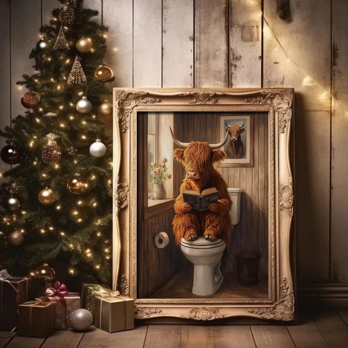 Funny Highland Cow Print: Rustic Bathroom Humor Wall Art, Unframed ...
