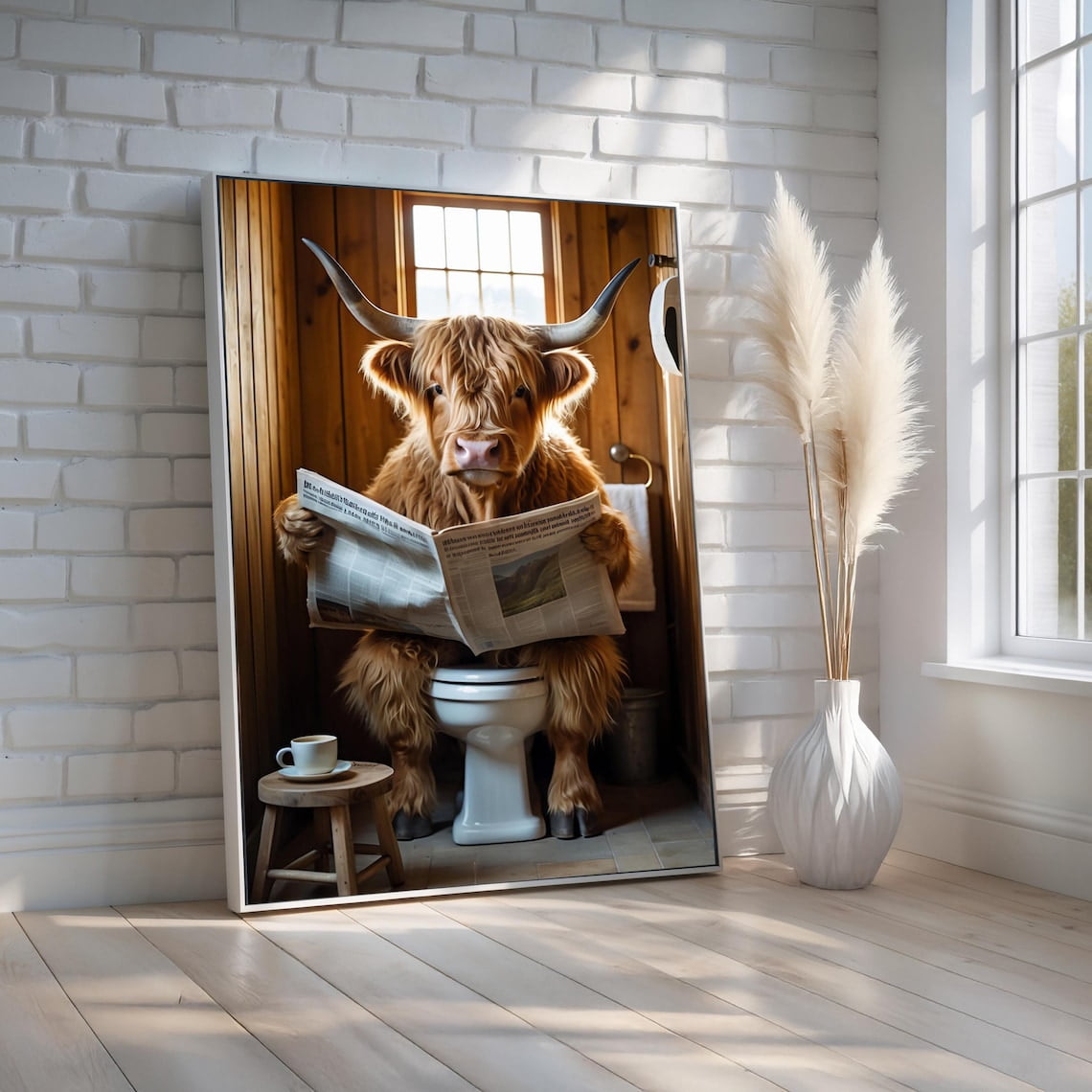 Funny Highland Cow Reading Newspaper | Farmhouse Bathroom Canvas Wall ...