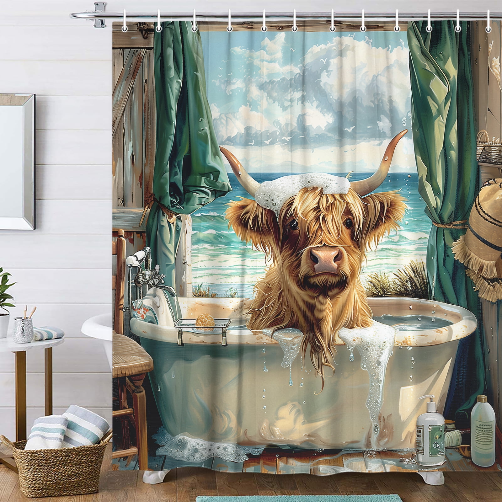 Funny Highland Cow Shower Curtain, Cute Farmhouse Western Bull Cattle ...