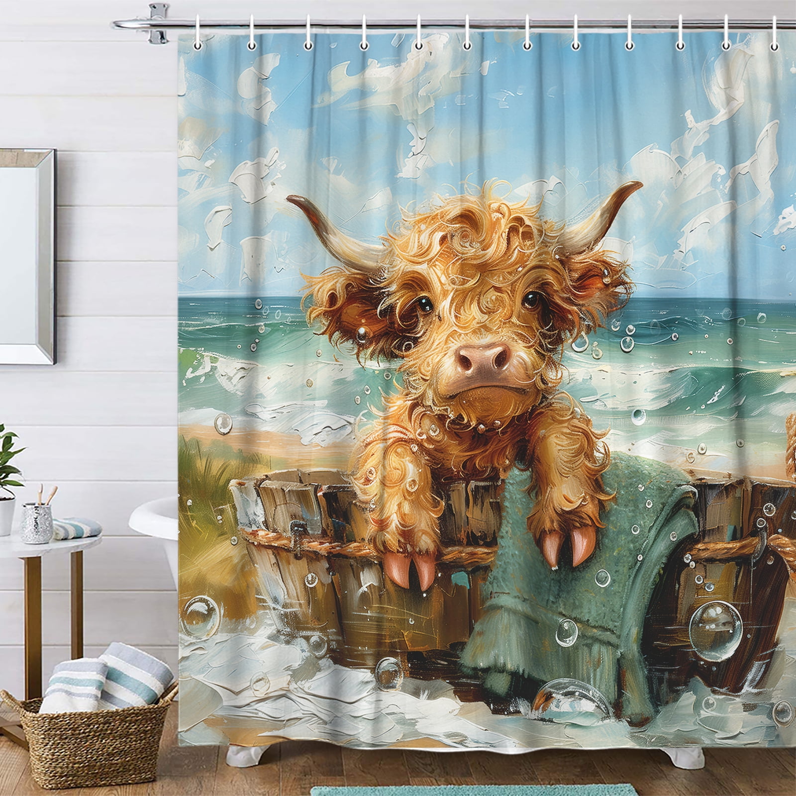 Funny Highland Cow Shower Curtain, Cute Farmhouse Western Bull Cattle ...