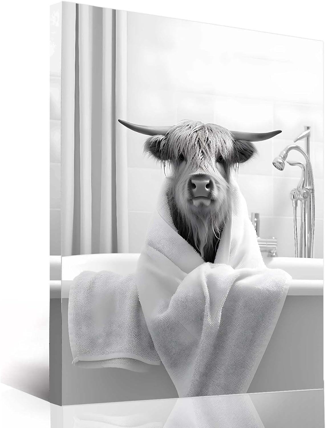 Funny Highland Cow Wall Art in Bathtub, Black and White Cow Bathroom ...