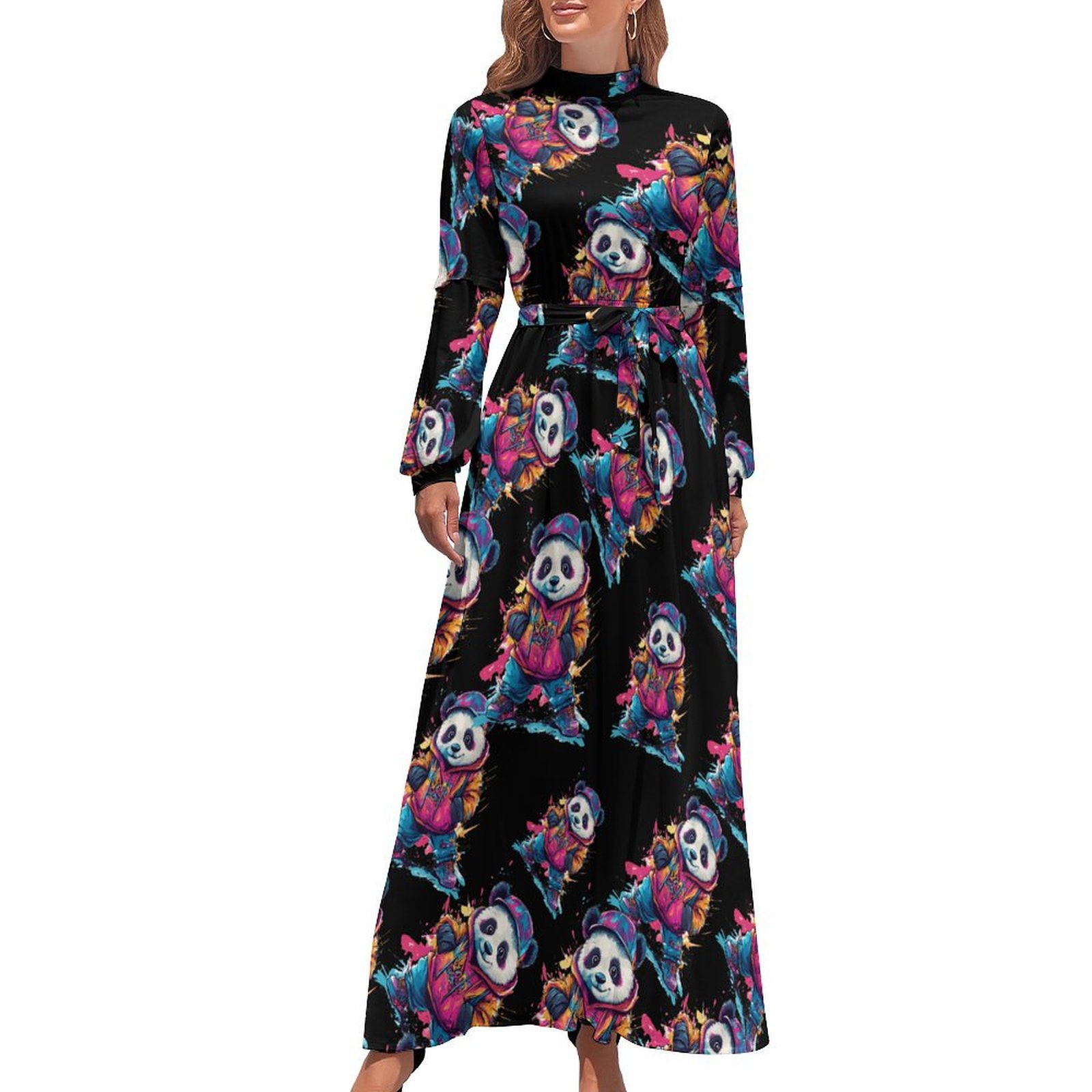 Funny Hip Hop Panda Women's Fall Maxi Dress Long Sleeve Turtleneck ...