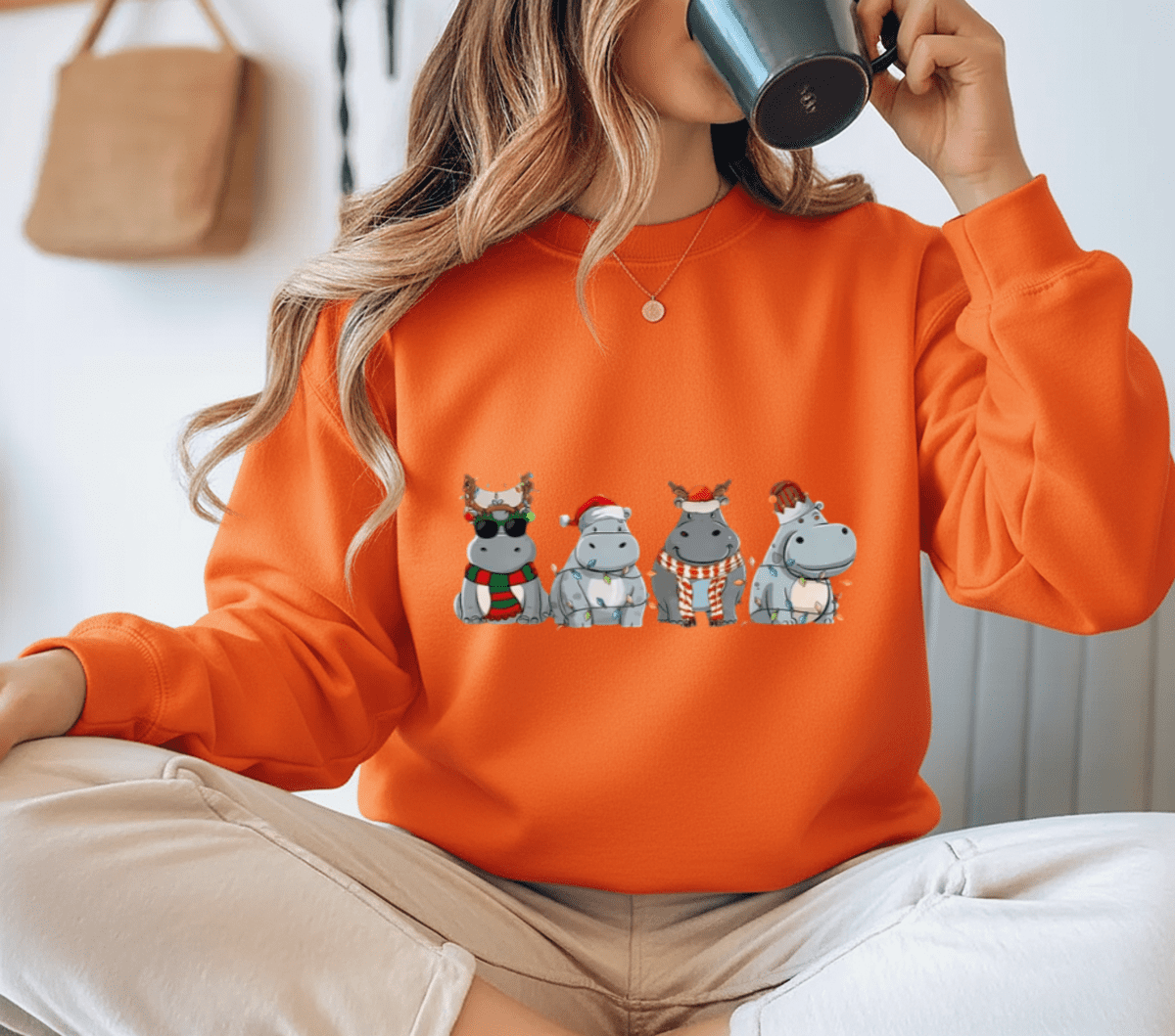 Funny Holiday Hippo Tangled in Festive String Lights Themed Sweatshirt ...