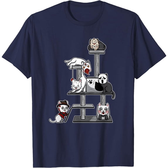 Funny Horror Movie Cats Playing on Cat Tree T-Shirt for Cat Lovers ...