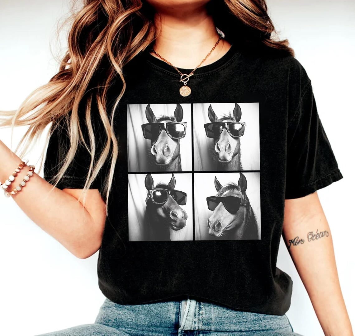 Funny Horse Shirt,Horse with Sunglasses,Horse Lover Tee,Horses Photo Tee,Horse Silhouette Shirt ...