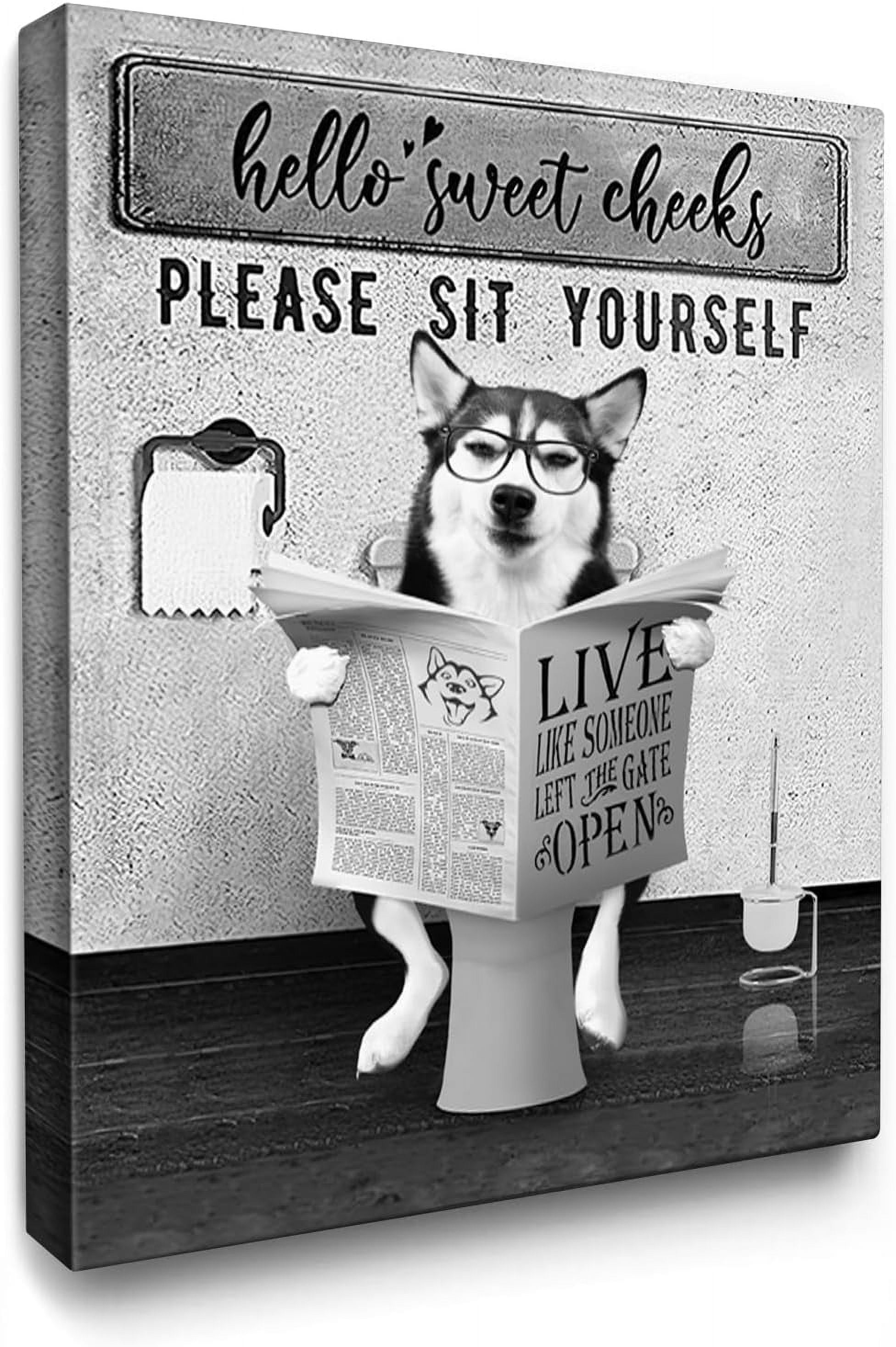 Funny Husky Sitting in Toilet Wall Art Husky Dog Reading Newspaper ...