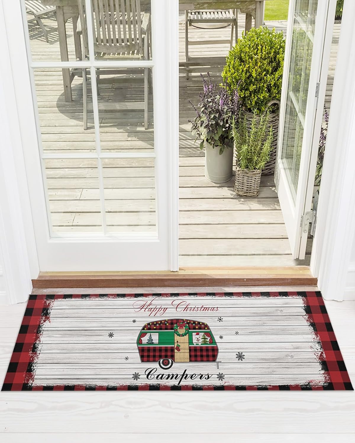 Funny Indoor Doormat,Christmas Campings Buffalo Checkered Wood Grain ...