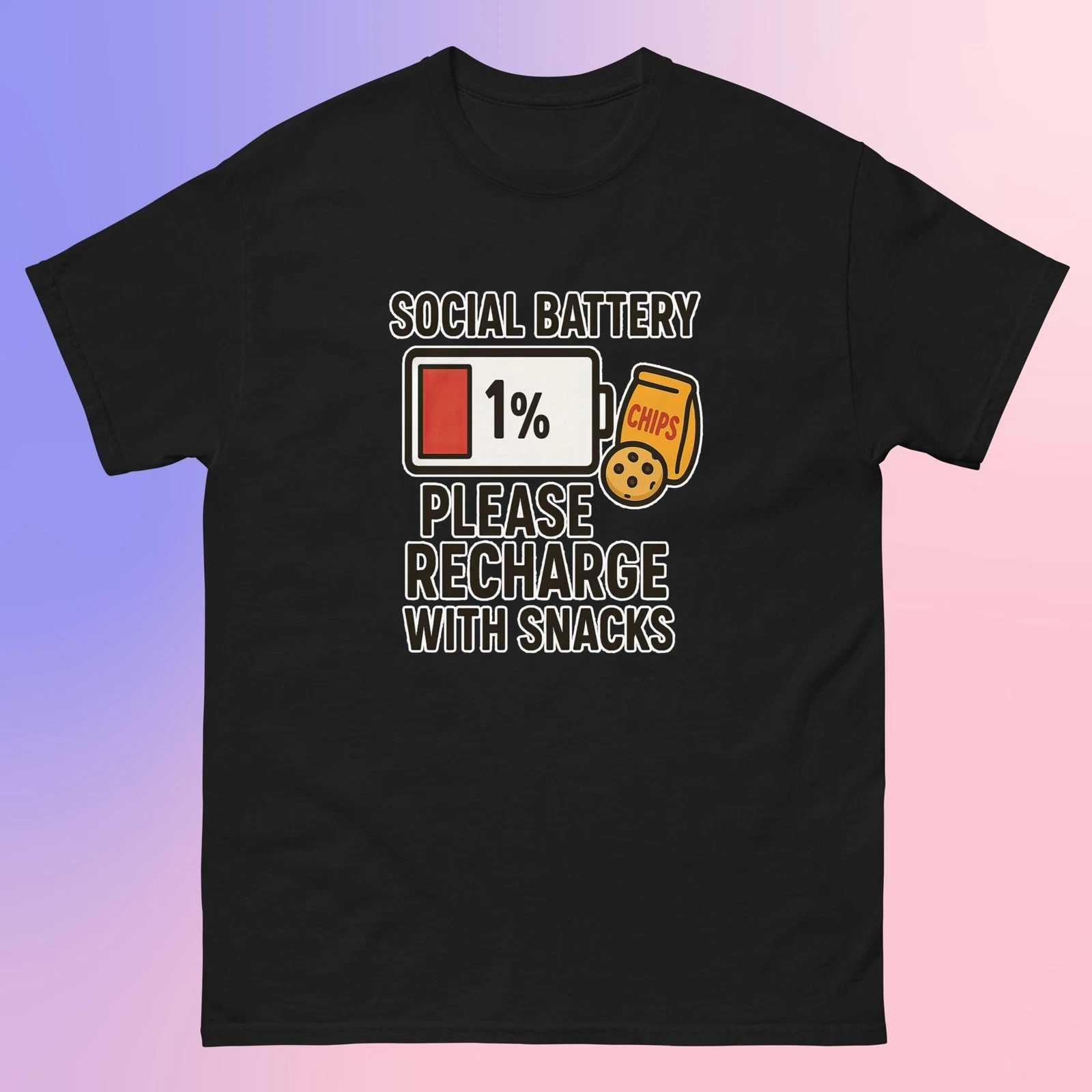 Funny Introvert T-Shirt – Social Battery 1% Please Recharge With Snacks ...