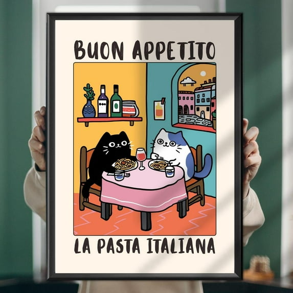 Funny Italian Cat Poster: Buon Appetito Pasta Kitchen Art UNFRAMED ...