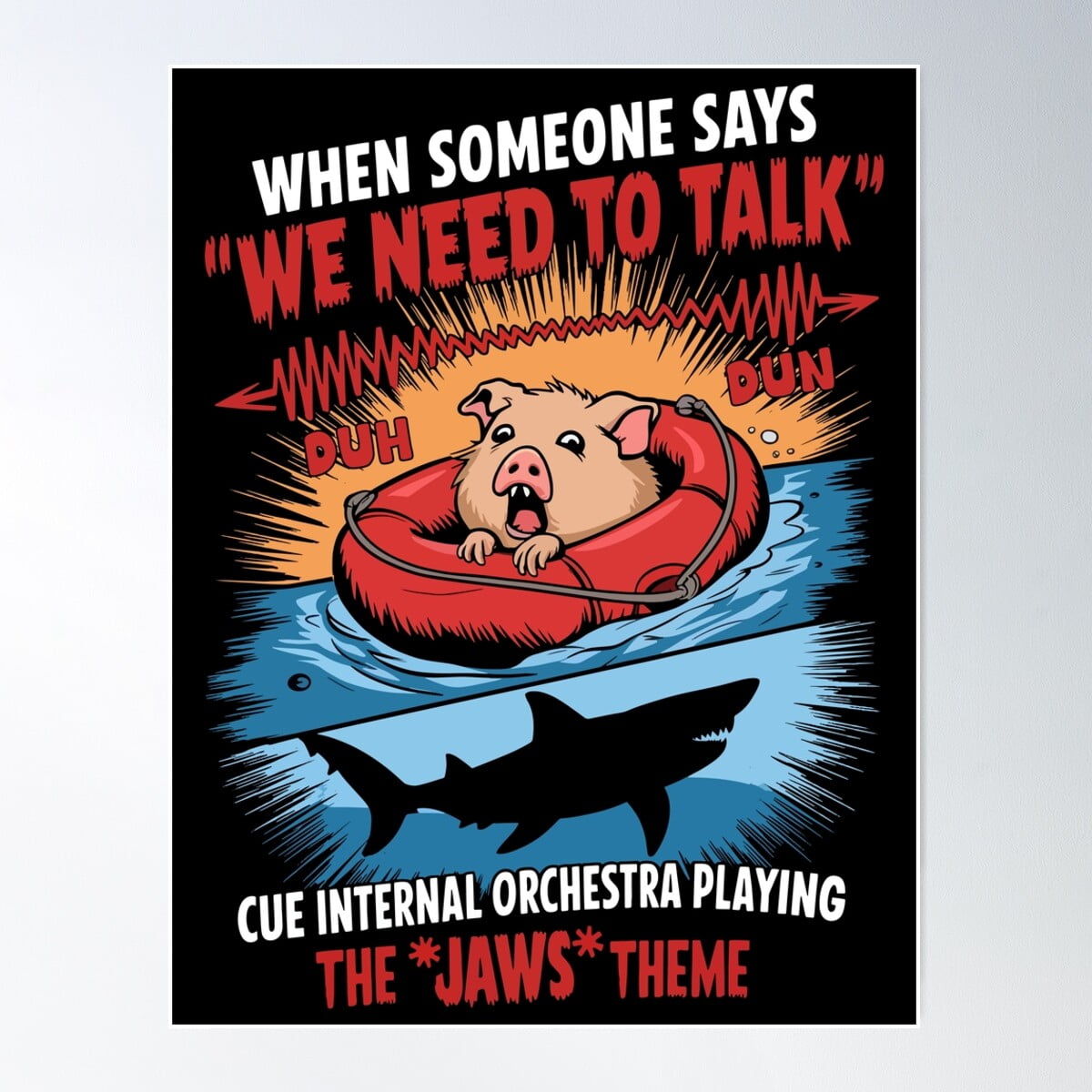Funny Jaws Theme Pig In Danger Cartoon Design Poster Wall Art, Modern ...