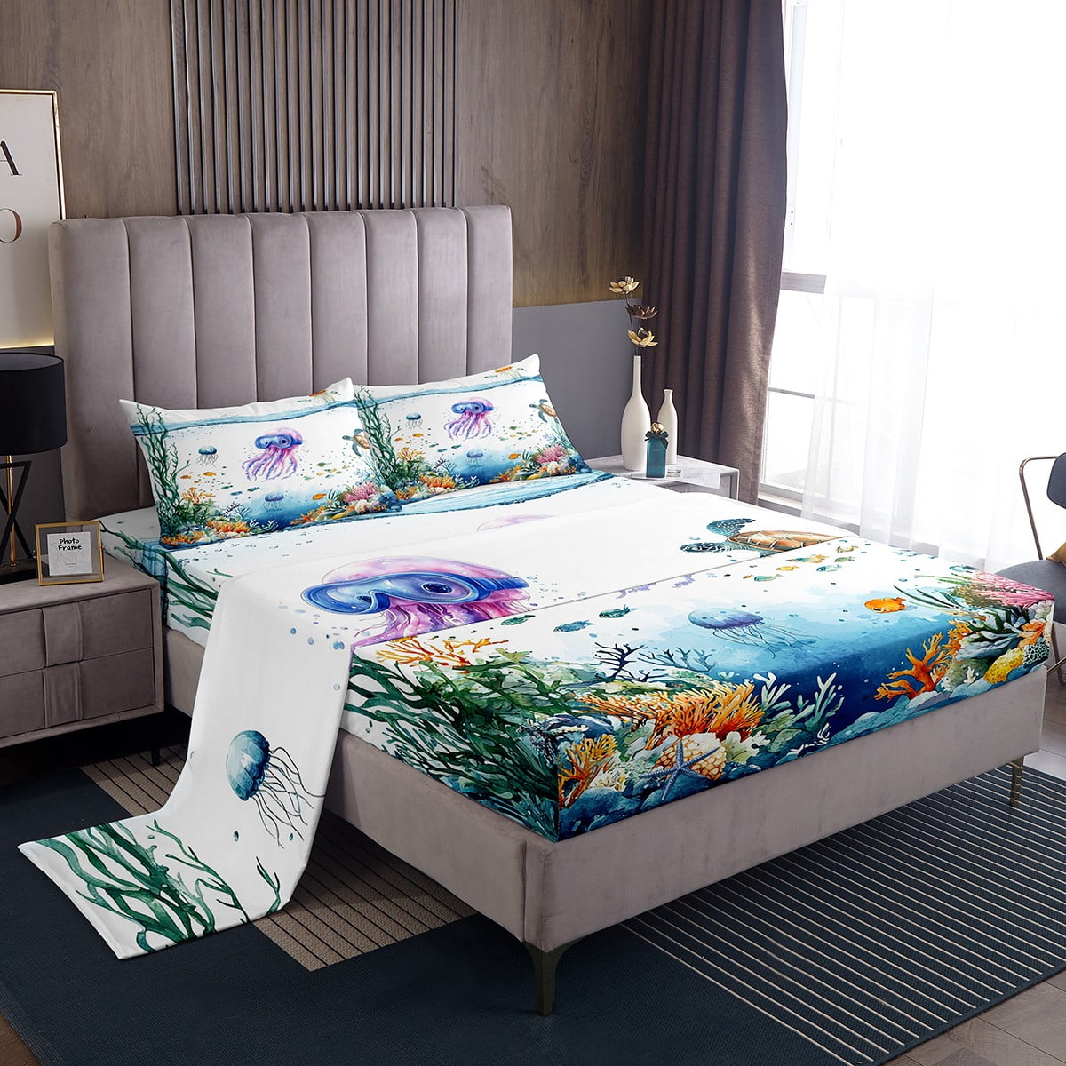 Funny Jellyfish Bed Sheets Set Sea Turtle Coastal King Sheet Set,Teal ...