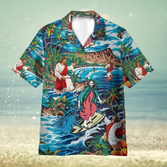 Funny Jesus Surfing On Island 3D Hawaiian Shirt Summer Vaction Gift ...