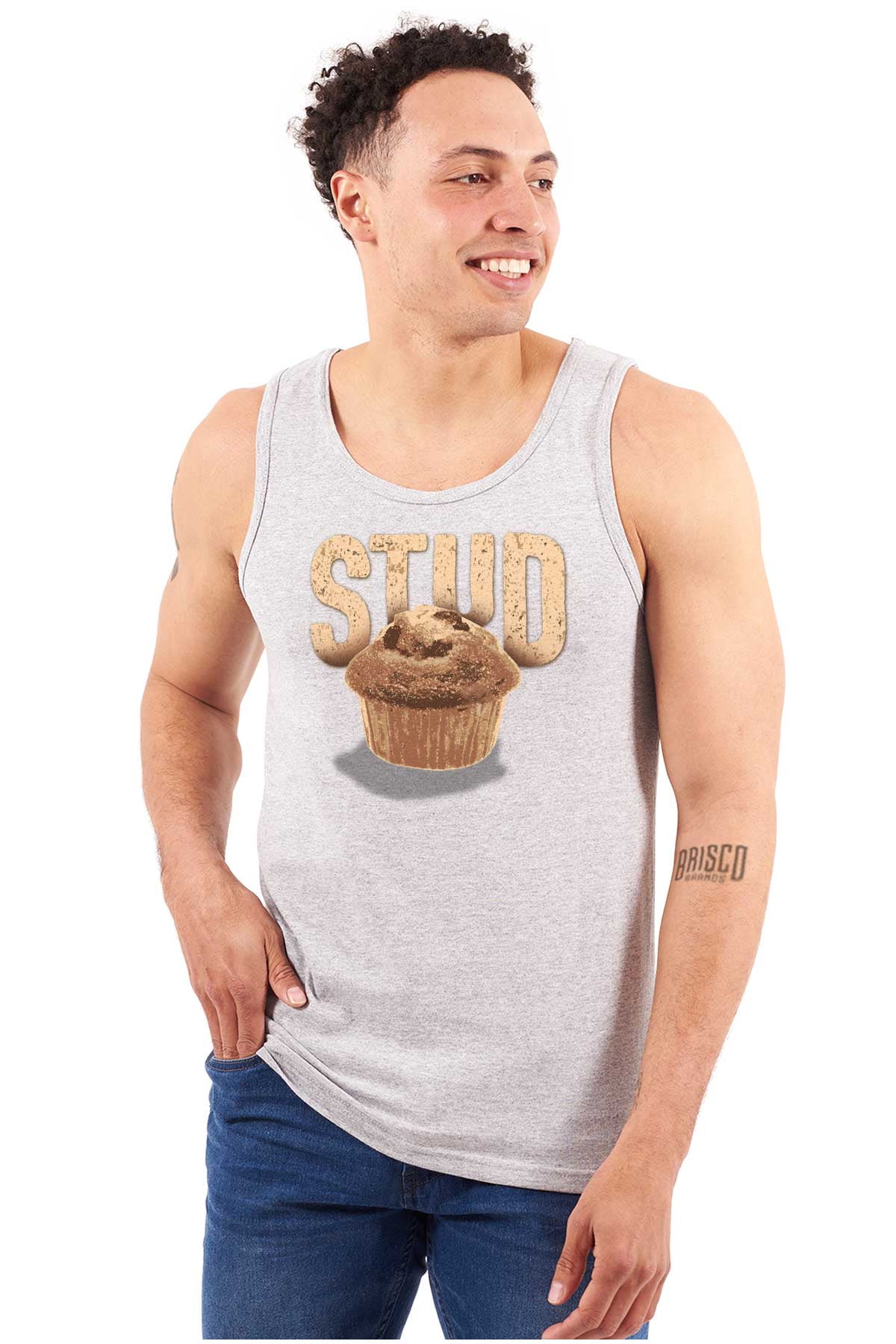 Funny Joke Stud Muffin Food Pun Tank Top Sleeveless Tee Men Brisco ...