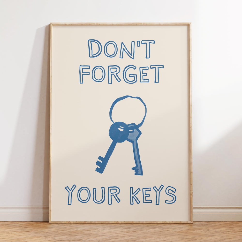 Funny Keys Reminder Print: Minimalist Blue Entryway Art UNFRAMED PAPER ...