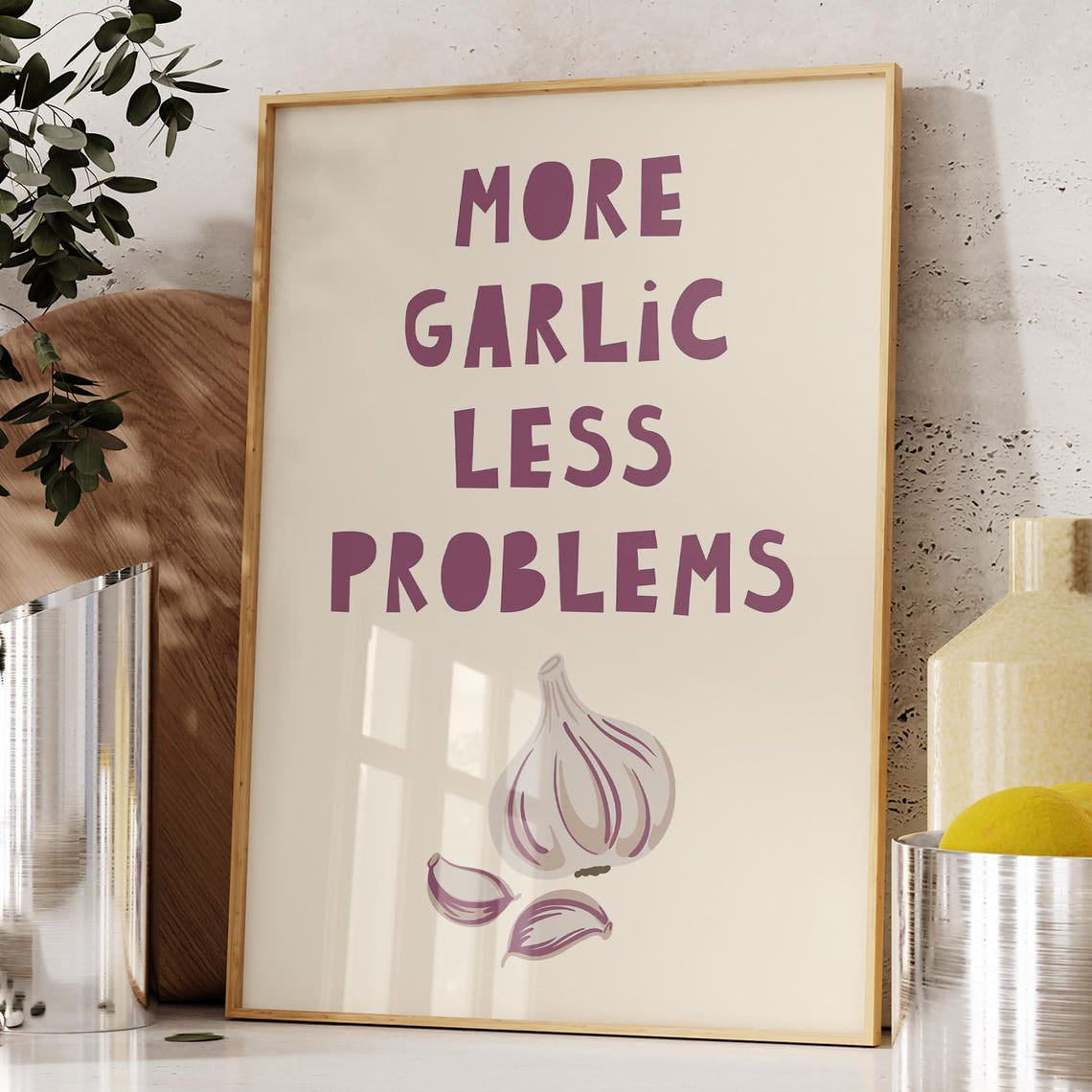 Funny Kitchen Wall Art - More Garlic Less Problems Poster - Retro ...