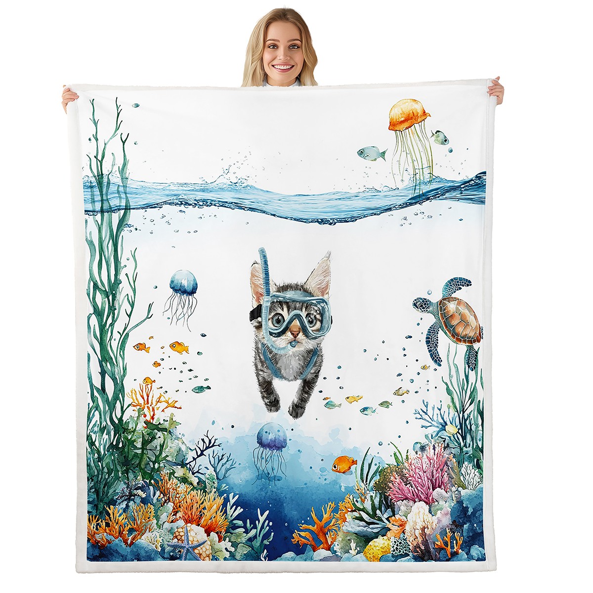 Funny Kitten Blanket Sea Turtle Jellyfish Coastal Throw Blanket 30"x40 ...