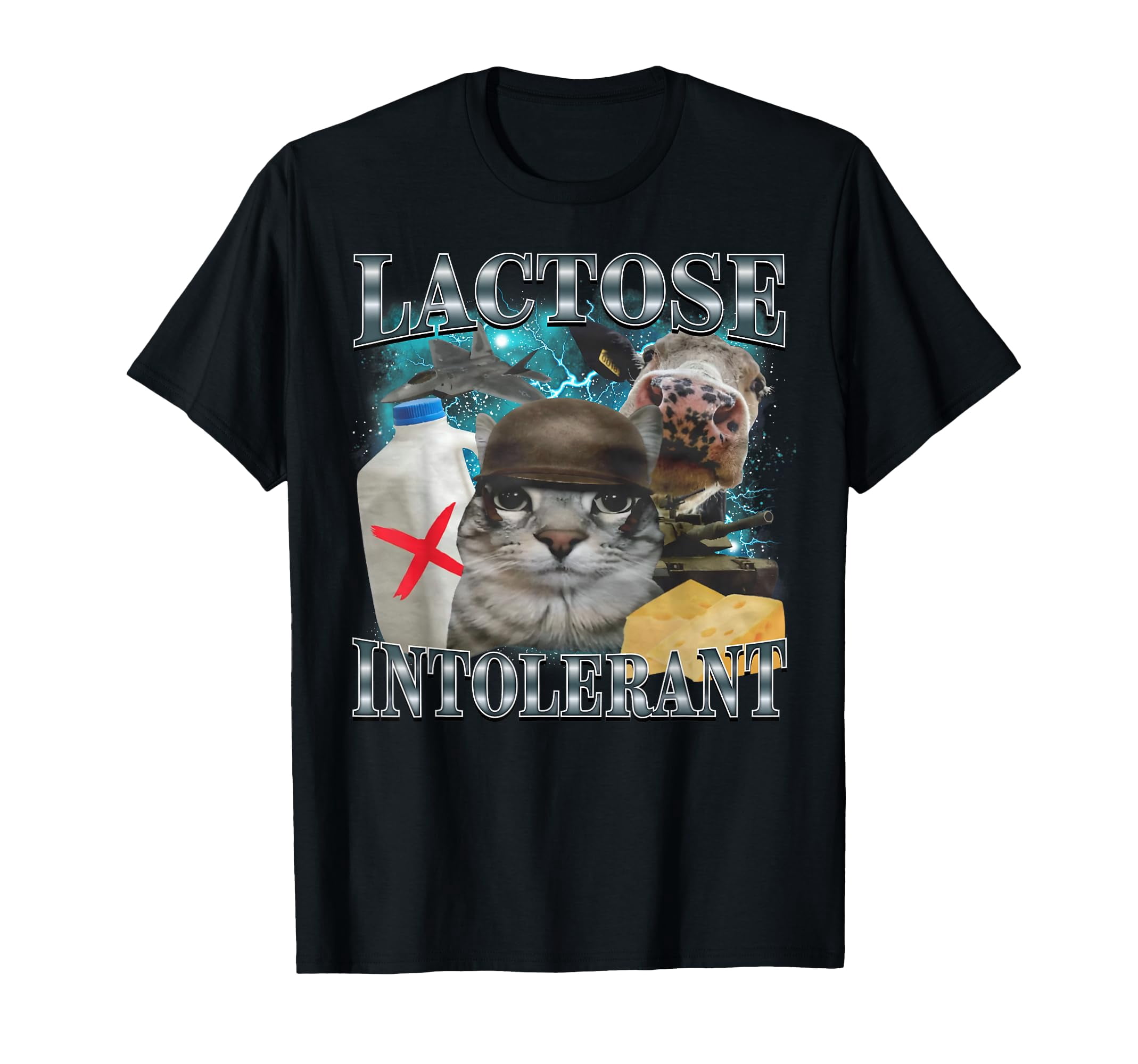 Funny Lactose Intolerant Cat Meme T-Shirt with Helmet, Milk & Cheese ...