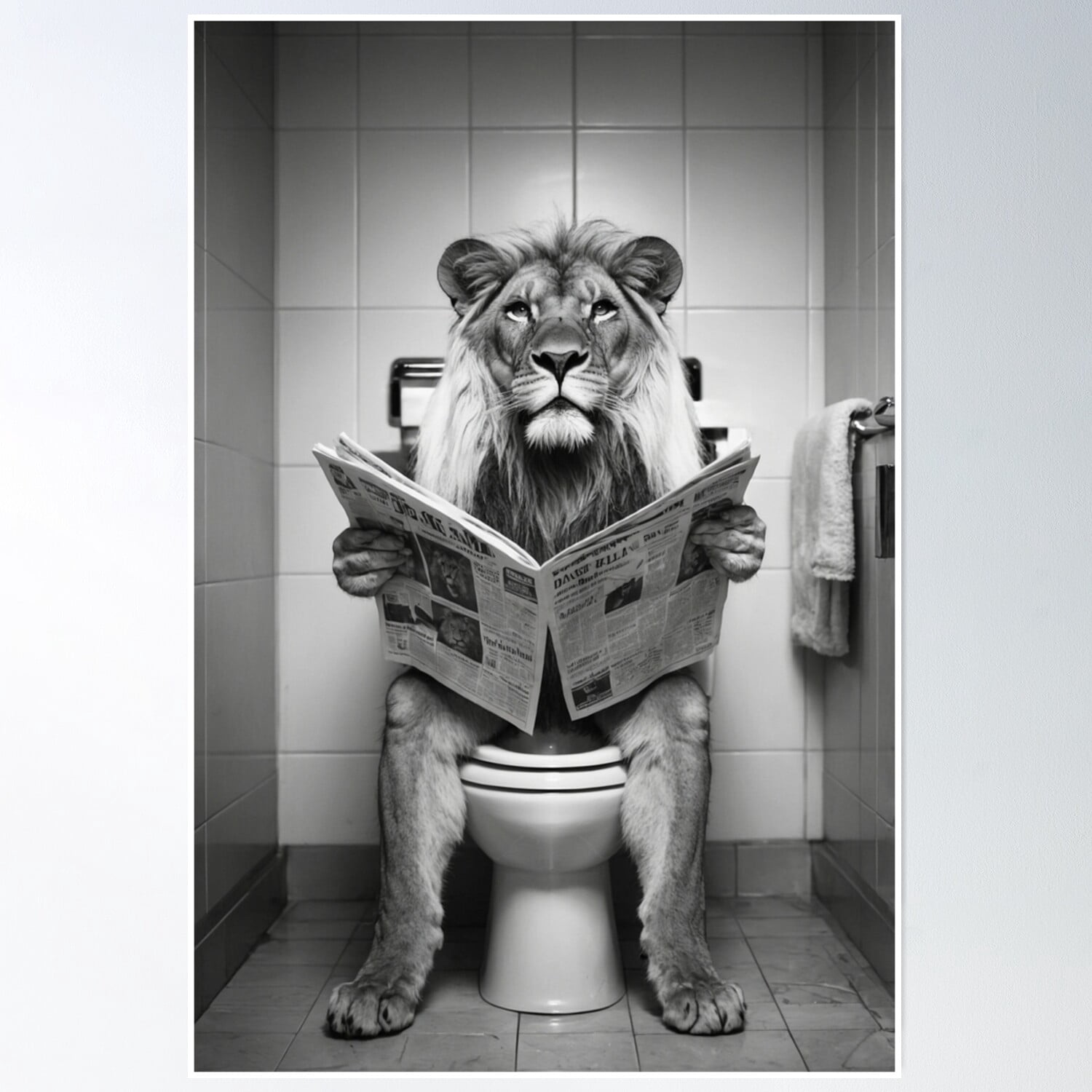 Funny Lion Reading Newspaper Bathroom Art Poster Wall Art, Modern Wall ...