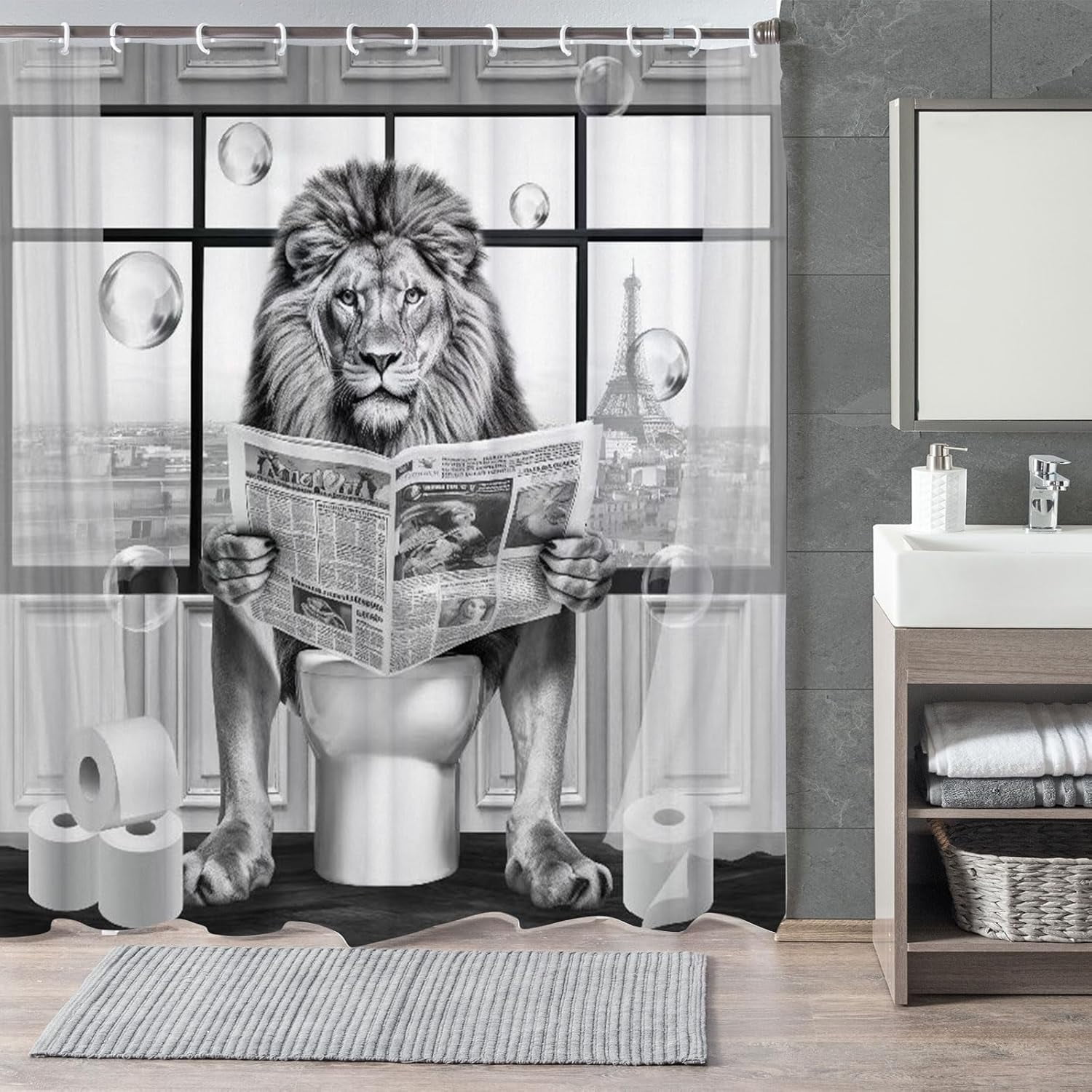 Funny Lion Shower Curtain, Funcy Humor Leo Animal Reading Newspaper on ...