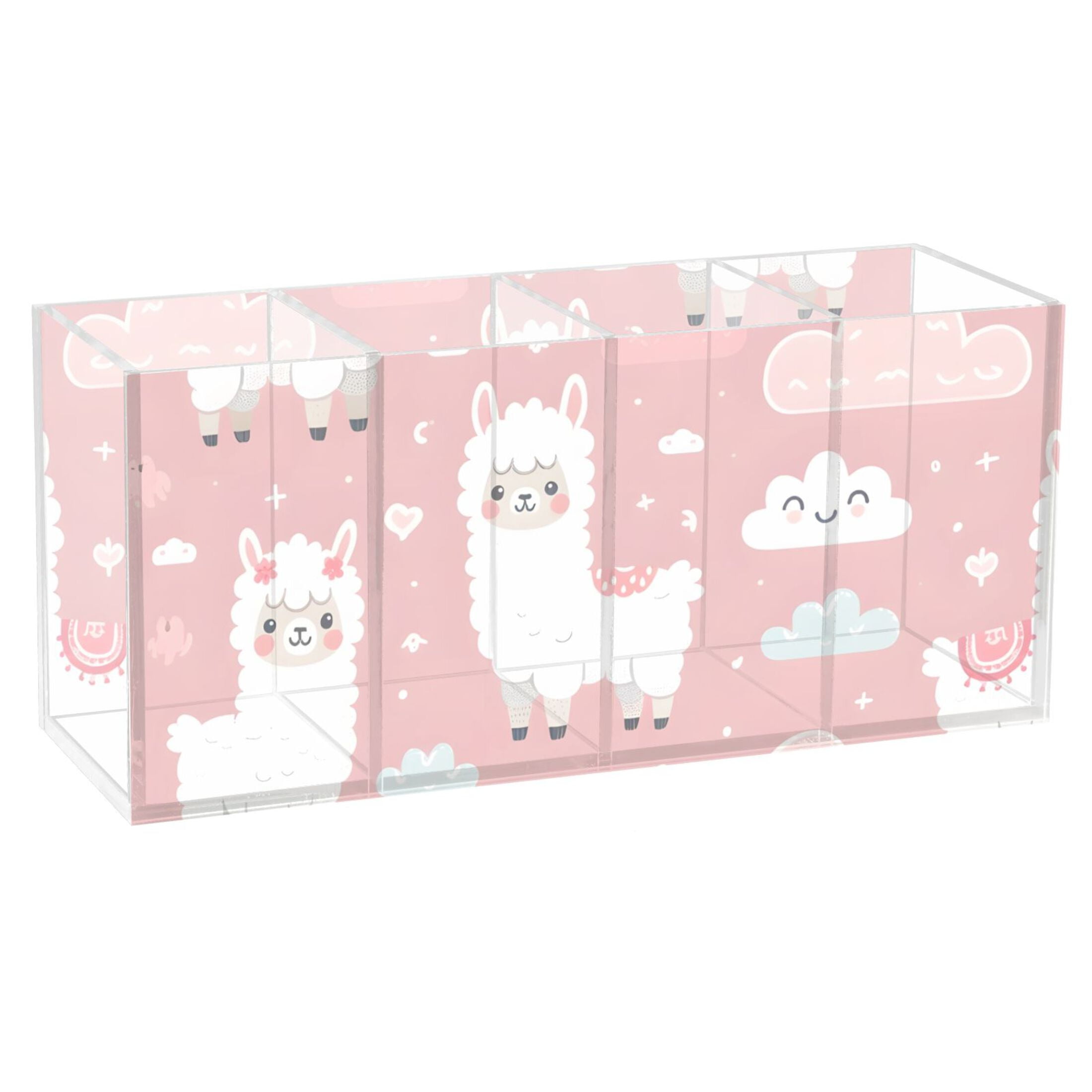 Funny Llama and Clouds Acrylic Pen Holder 4 Compartments Clear Pencil ...