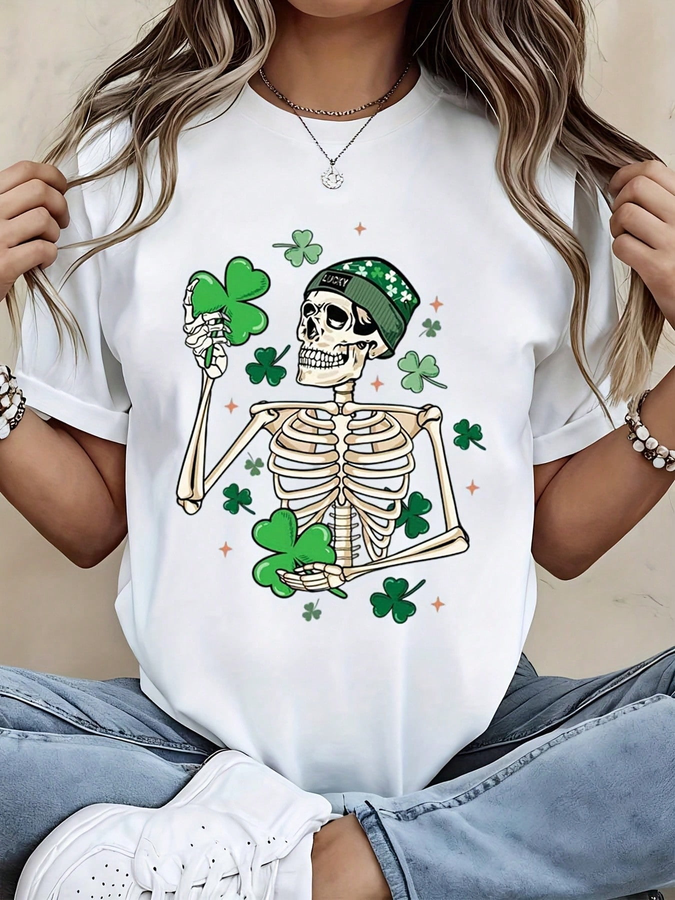 Funny Lucky Skeleton Clover St. Patrick's Day Women's Short Sleeve ...