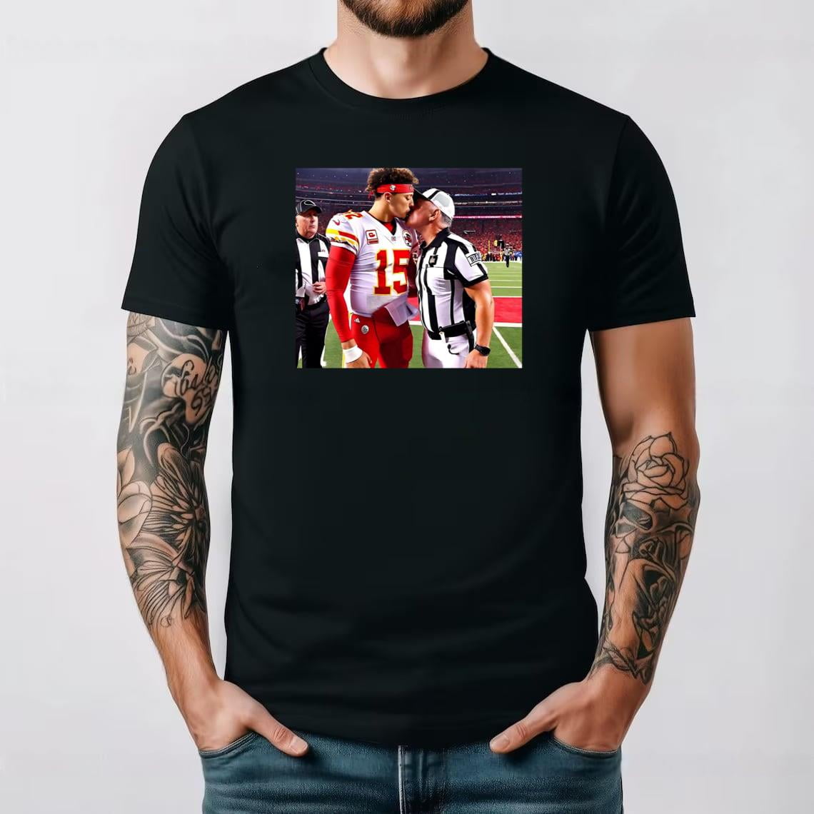 Funny Mahomes Kissing Referee Football Fan T-Shirt Playful Sports Humor ...