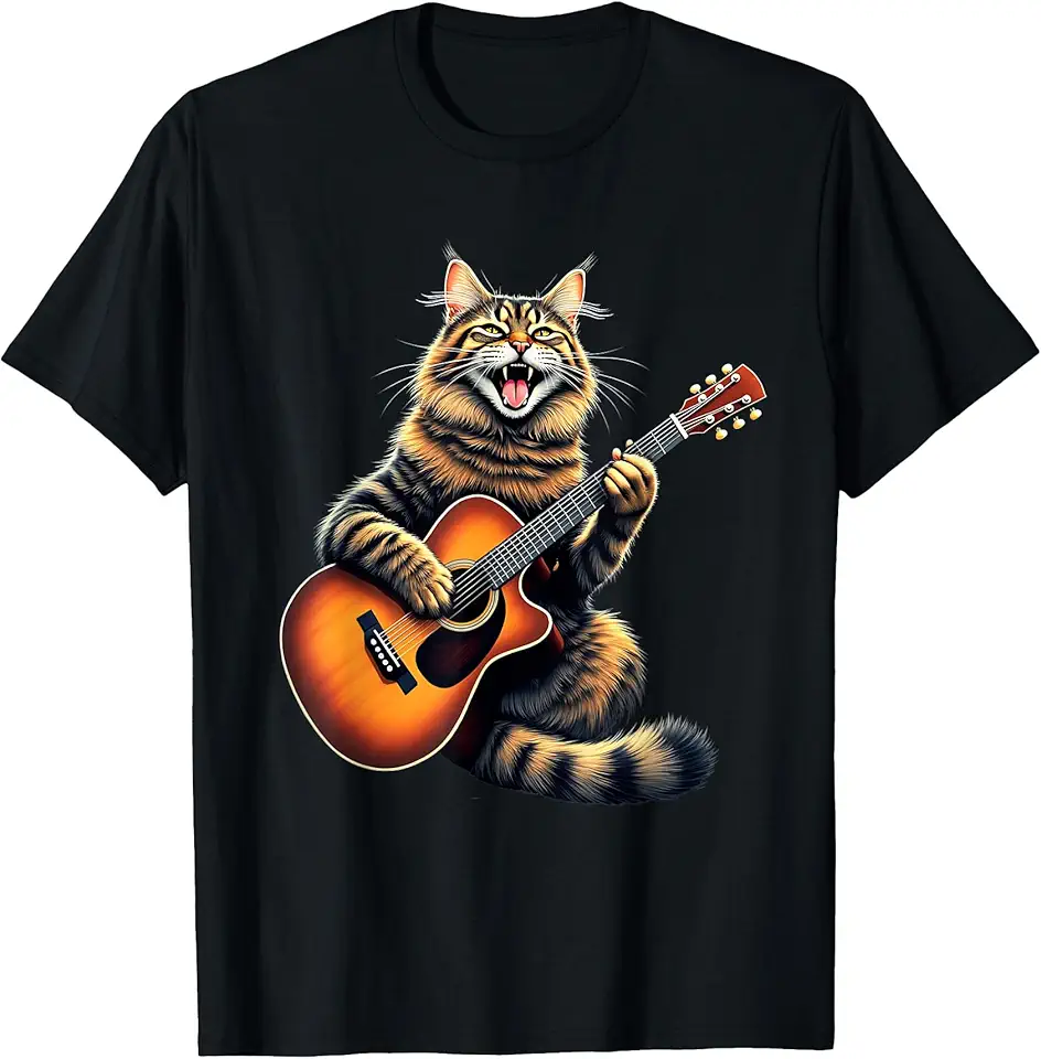 Funny Maine Coon Cat Playing Guitar Men Women Casual Short Sleeve ...