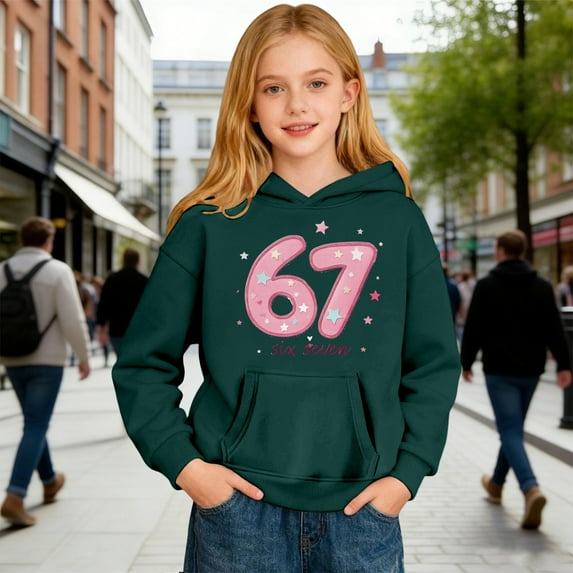 Funny Meme Cute 67 Pink Stars Pullover Hoodie (Dark Green 5-6 Years ...