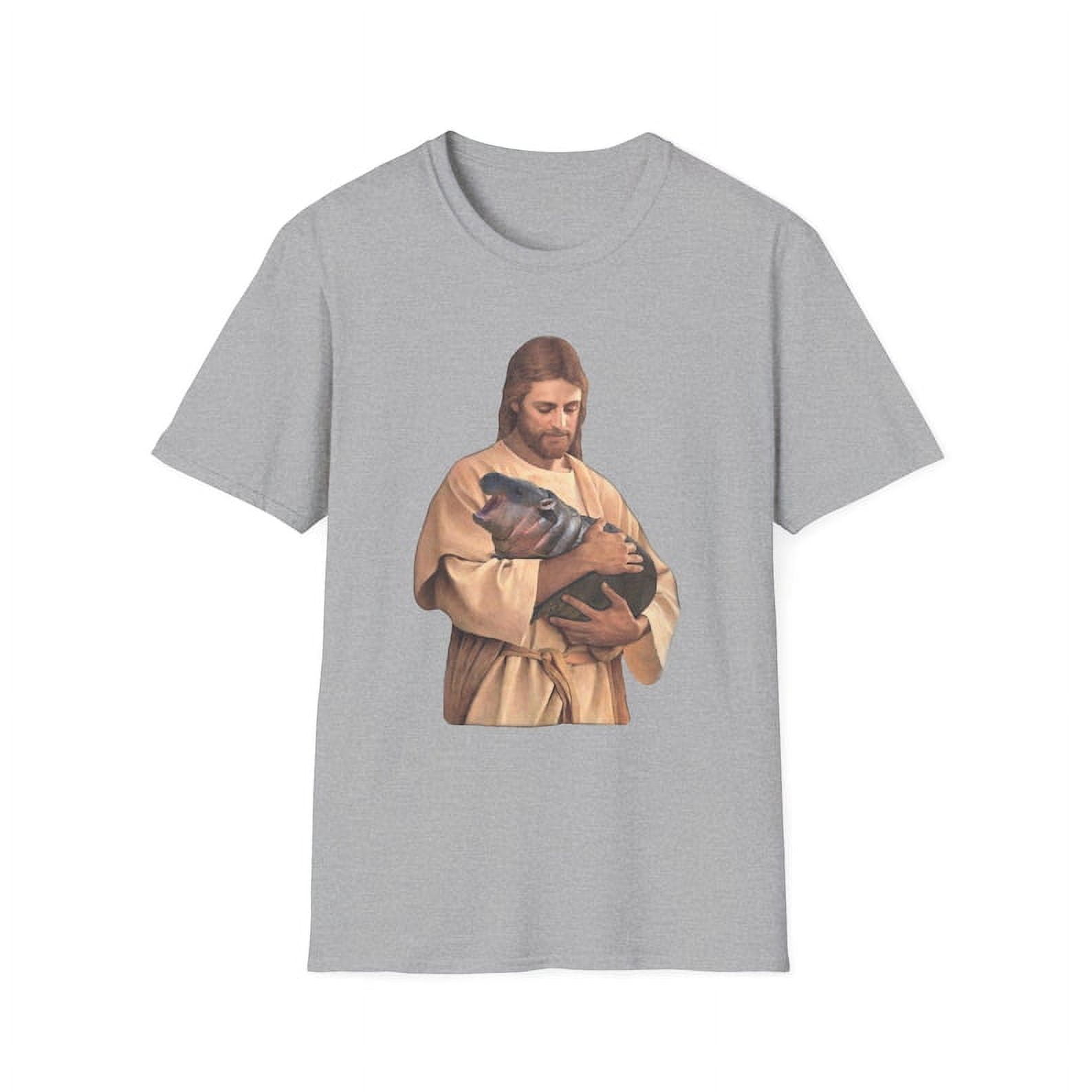 Funny Meme T-Shirt Jesus Holding Moo Deng the Hippo Joke Tee - Walmart.com