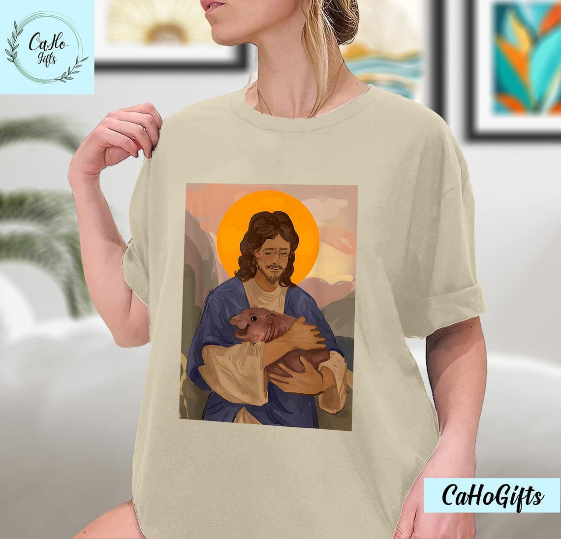 Funny Meme TShirt, Jesus Holding Moo Deng the Hippo Joke Tee, Moo Dang ...
