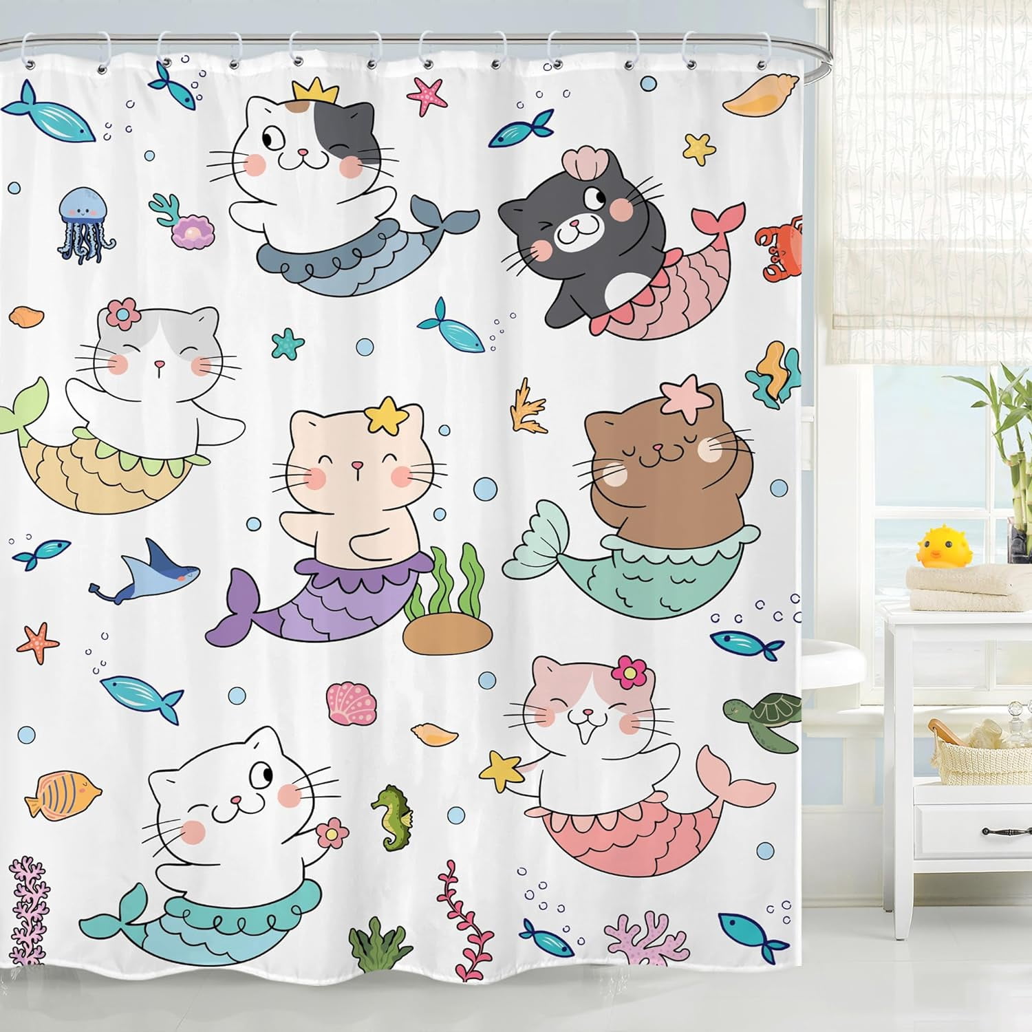 Funny Mermaid Cats Shower Curtain for Girls 60Wx72H Inches Cartoon Cute ...
