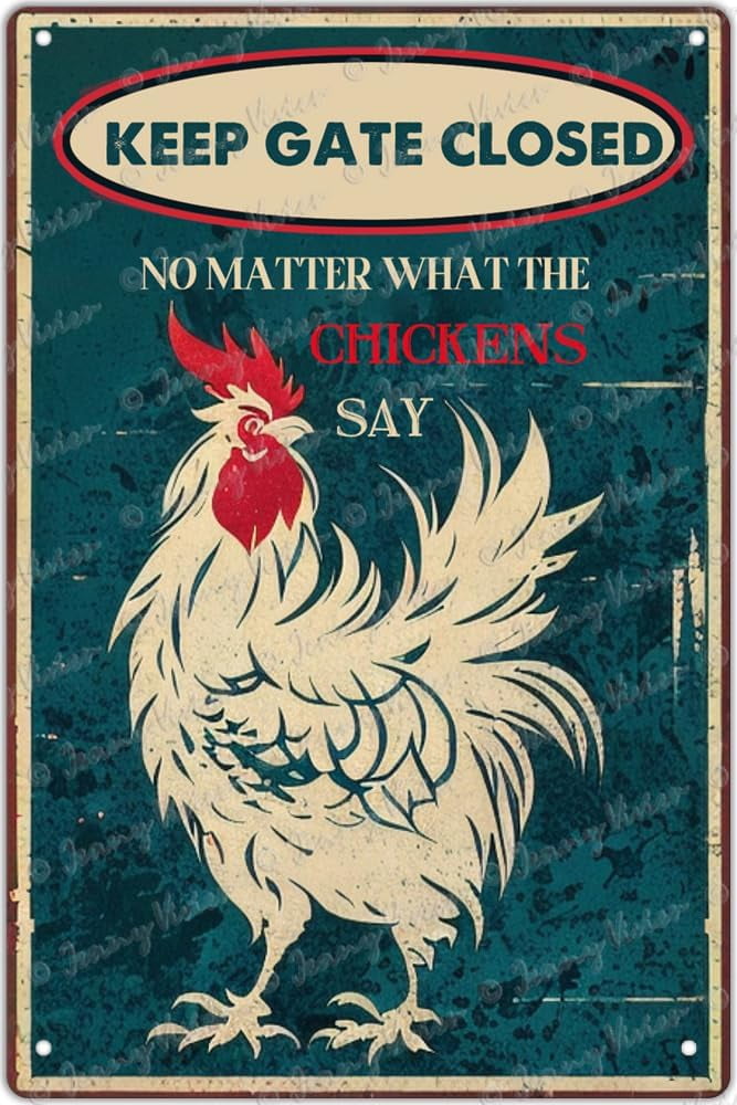 Funny Metal Tin Signs Chicken Warning Sign Danger Keep Gate Closed ...