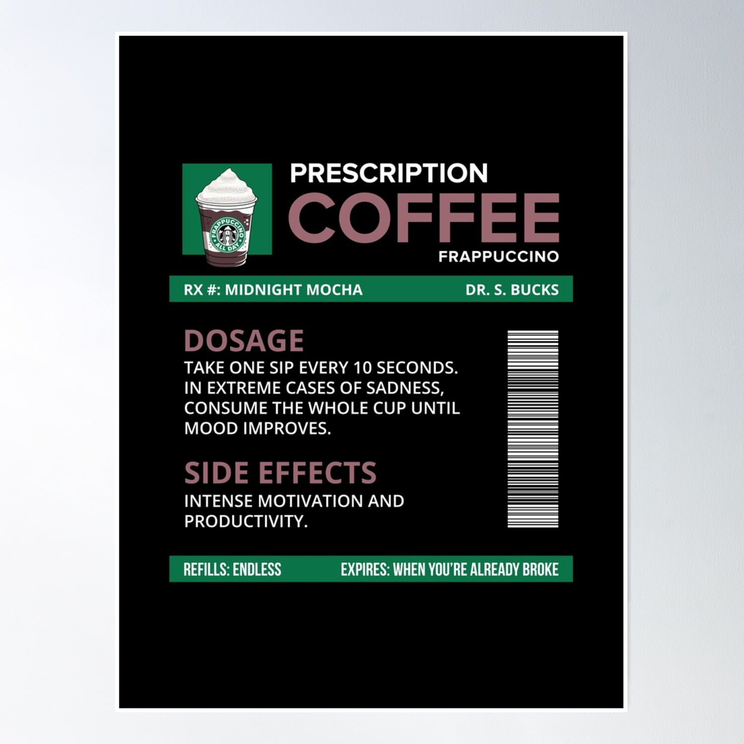 Funny Midnight Mocha Frappuccino Prescription Label For Medical And ...