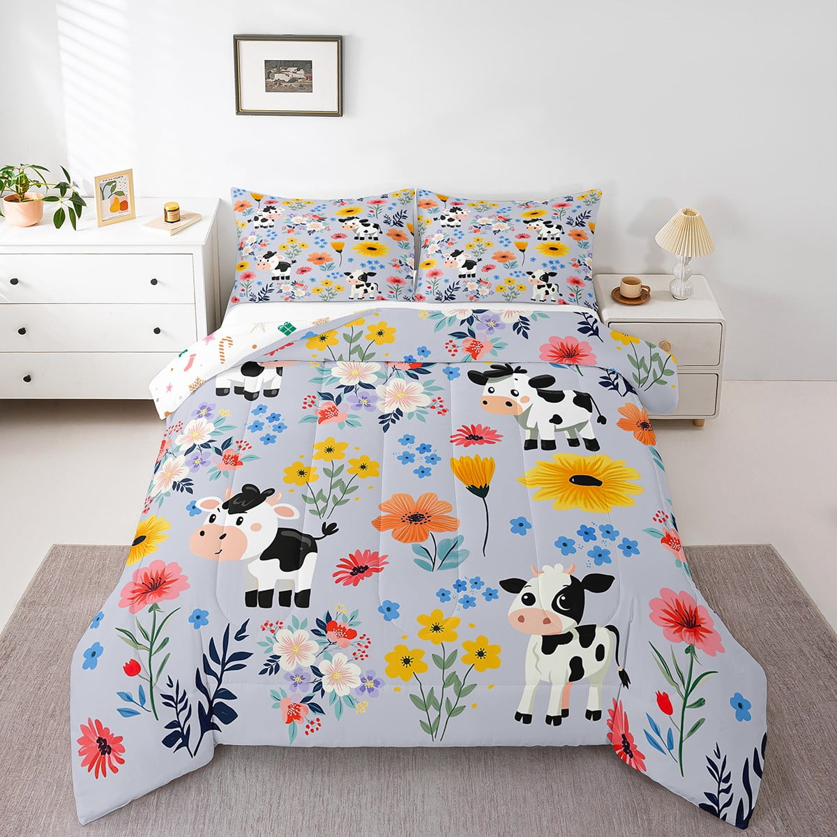 Funny Milk Cow Comforter Set Cute Animal Twin Bedding Sets Cute Flower ...