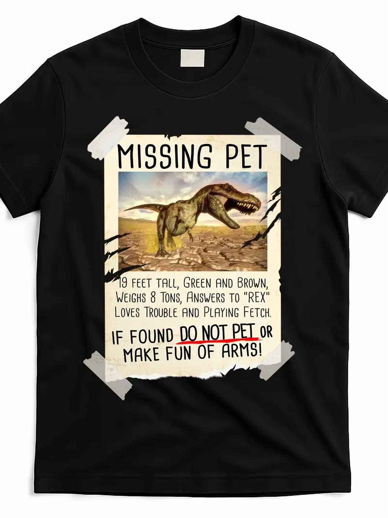 Funny Missing Pet T-Rex Dinosaur Graphic Men's Black Cotton T-Shirt ...